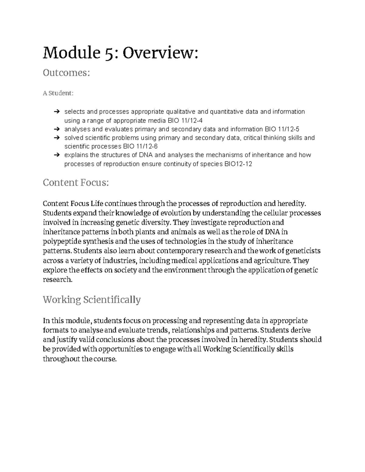 Module 5 Overview Biology - Module 5: Overview: Outcomes: A Student ...
