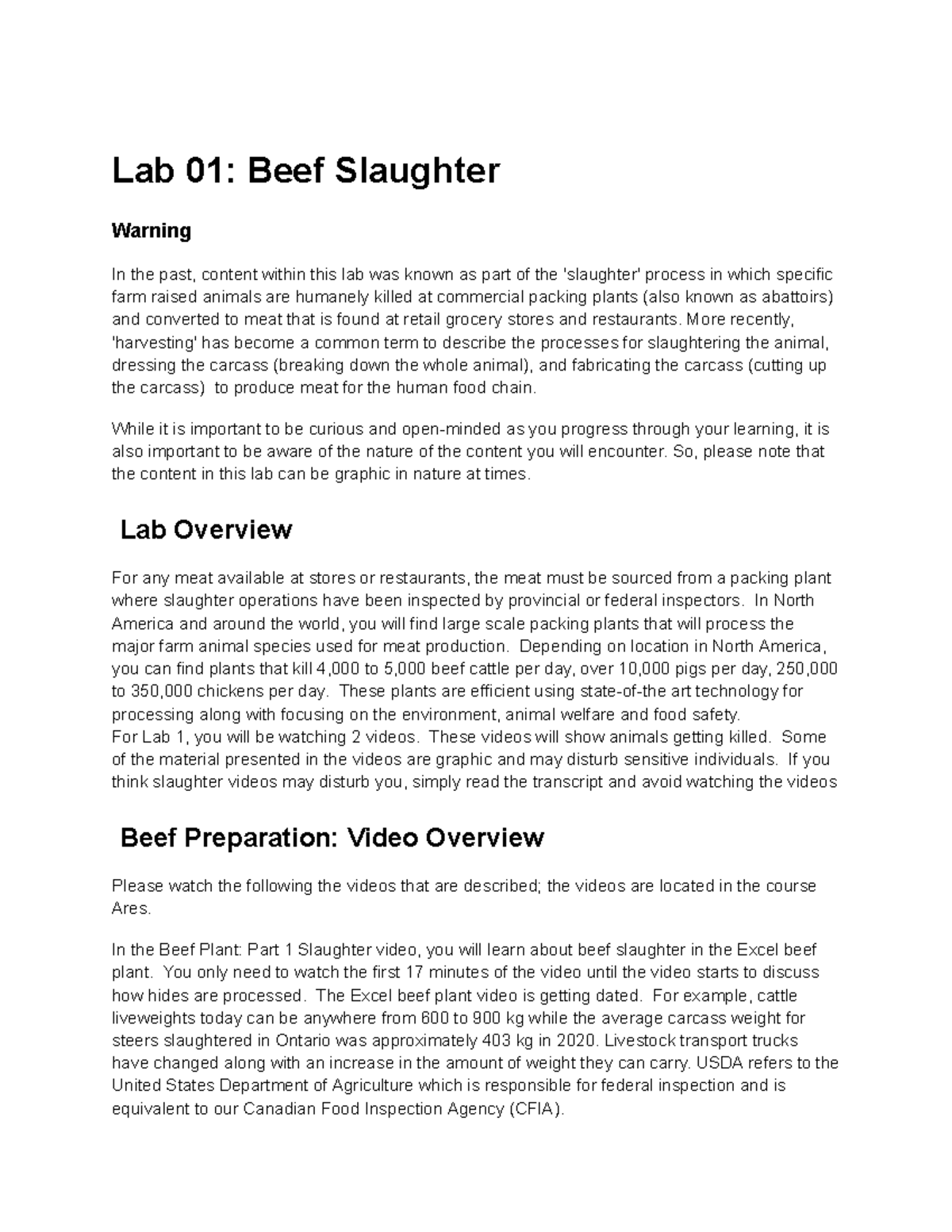 Lab 01: Beef Slaughter Process Overview and Safety Considerations - Studocu