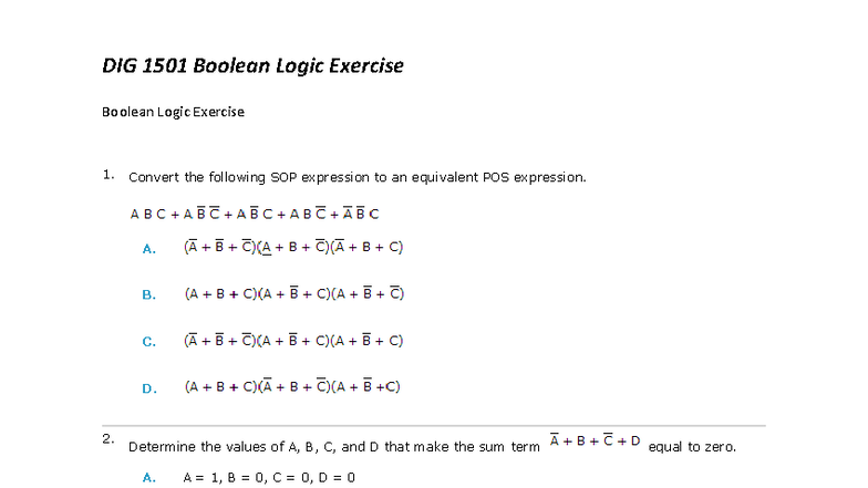 DIG 1501 Boolean Logic Exercise: SOP to POS Conversion and Analysis - Studocu