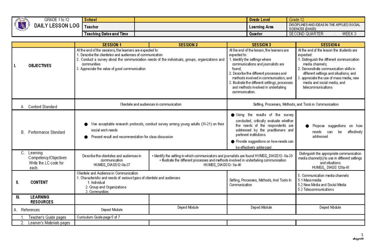 Week 3 Daily Lesson Log for DIASS - Communication Skills and Media ...