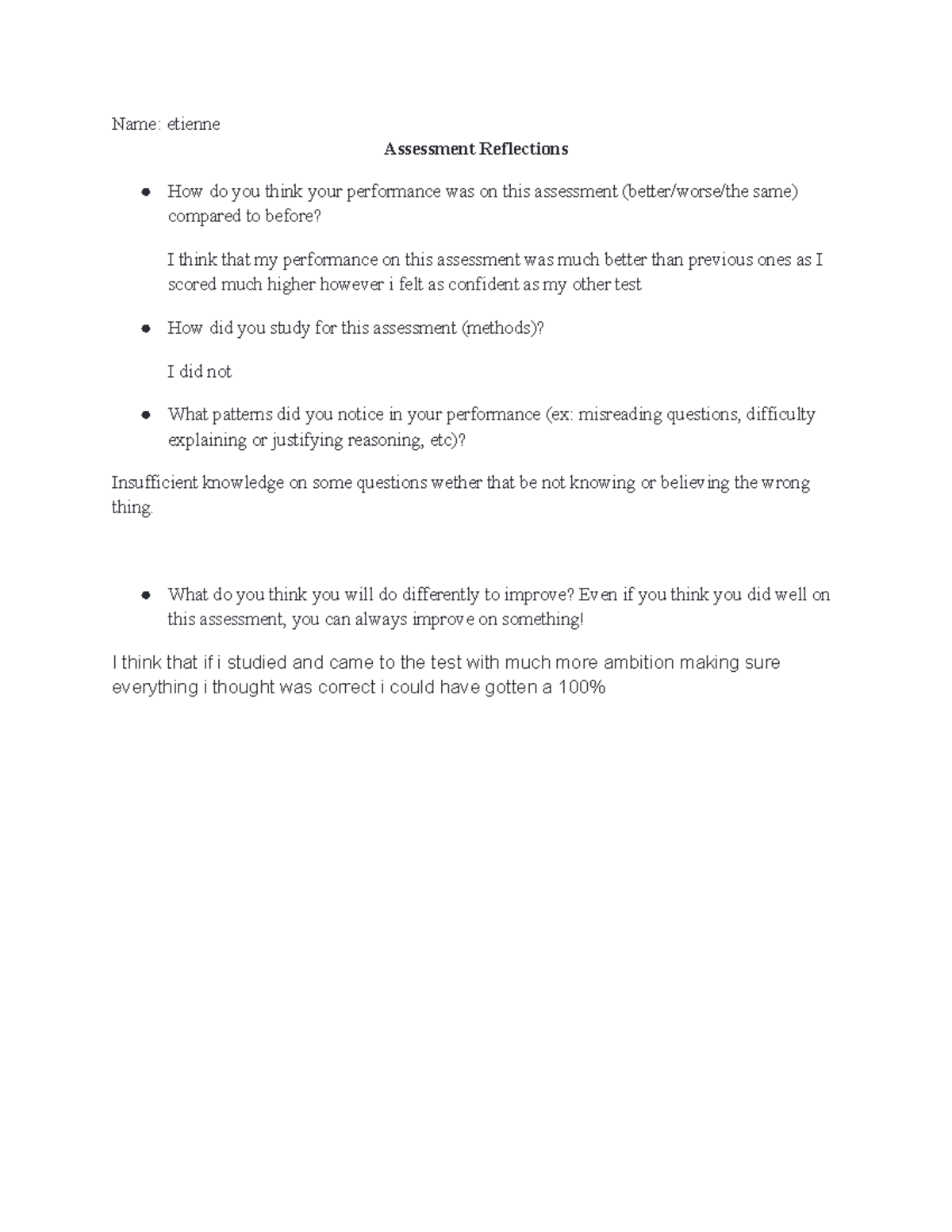 Etienne H Assessment Reflection: Performance Insights and Improvement ...