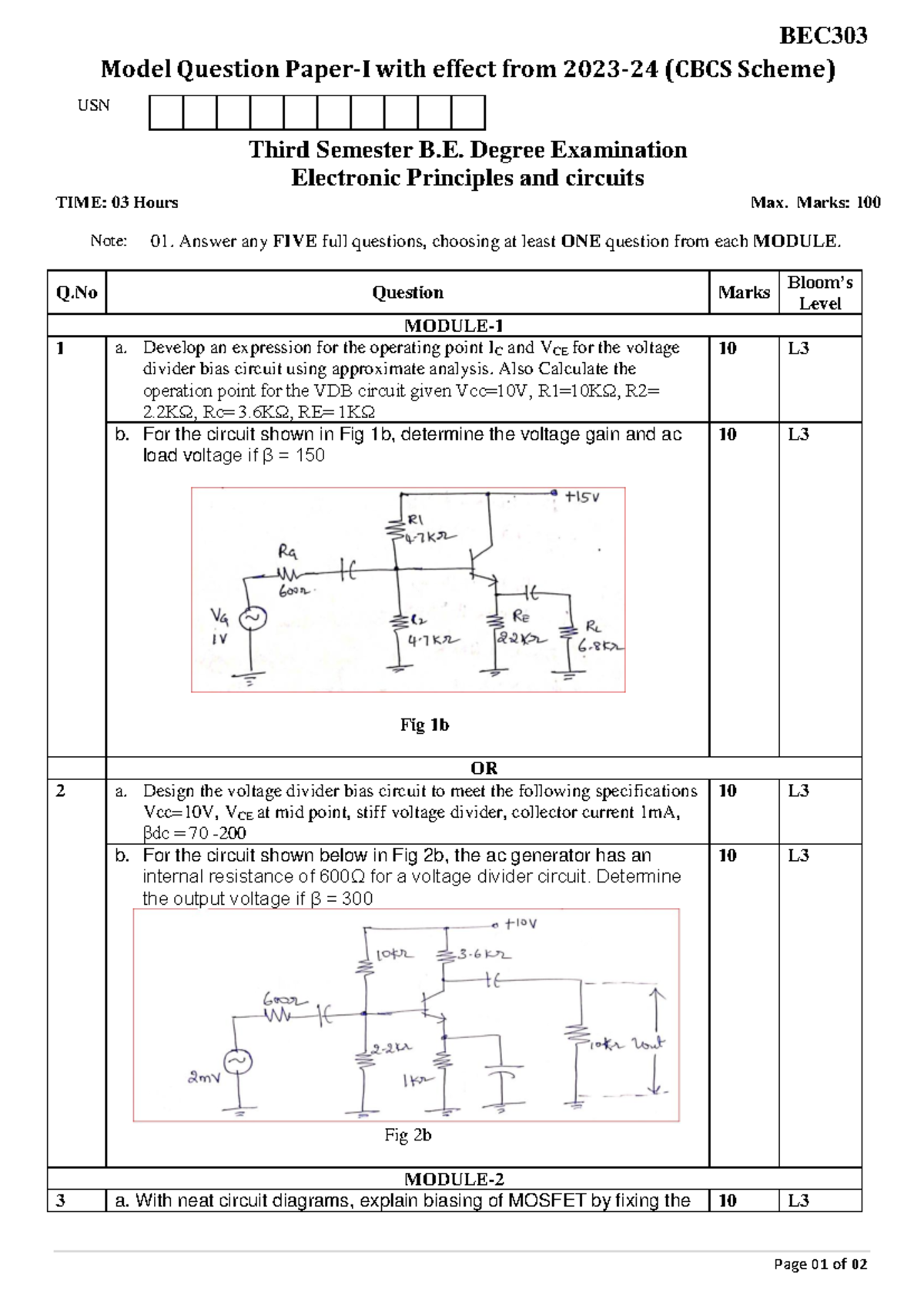 BEC303 - Model Question Paper-I for Electronic Principles & Circuits - Studocu