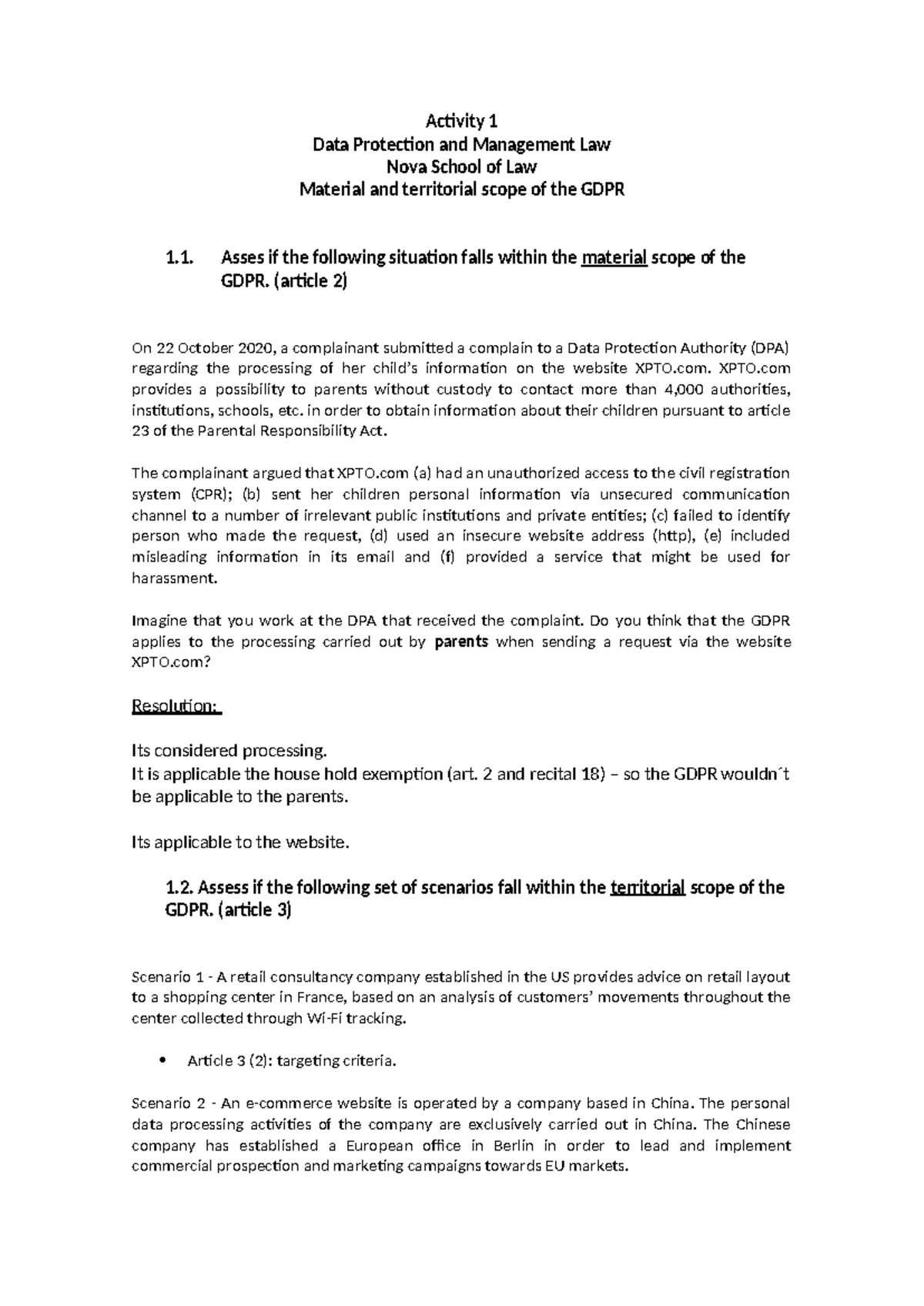 Activity 1 - Data Protection & Management Law (GDPR Scope) - Studocu