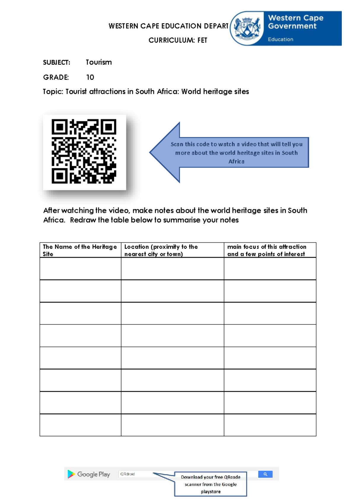 Grade 10 Worldheritagesitestemplate QRcode - WESTERN CAPE EDUCATION ...