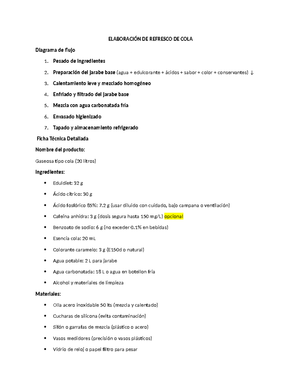 ELABORACIÓN DE REFRESCO DE COLA: Proceso y Ficha Técnica Detallada ...