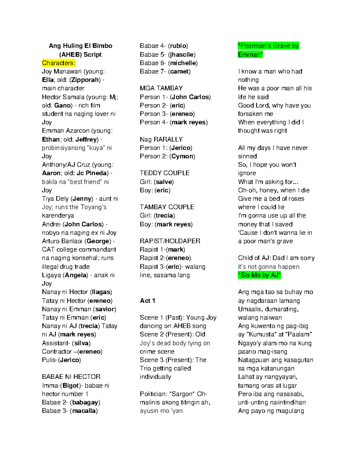 AHEB-Final-Script: Summary of "Ang Huling El Bimbo" for Creative Arts - Studocu