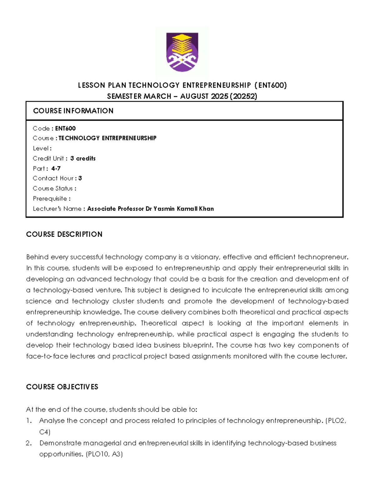 ENT600 Lesson Plan: Technology Entrepreneurship for SEM 20252 - Studocu