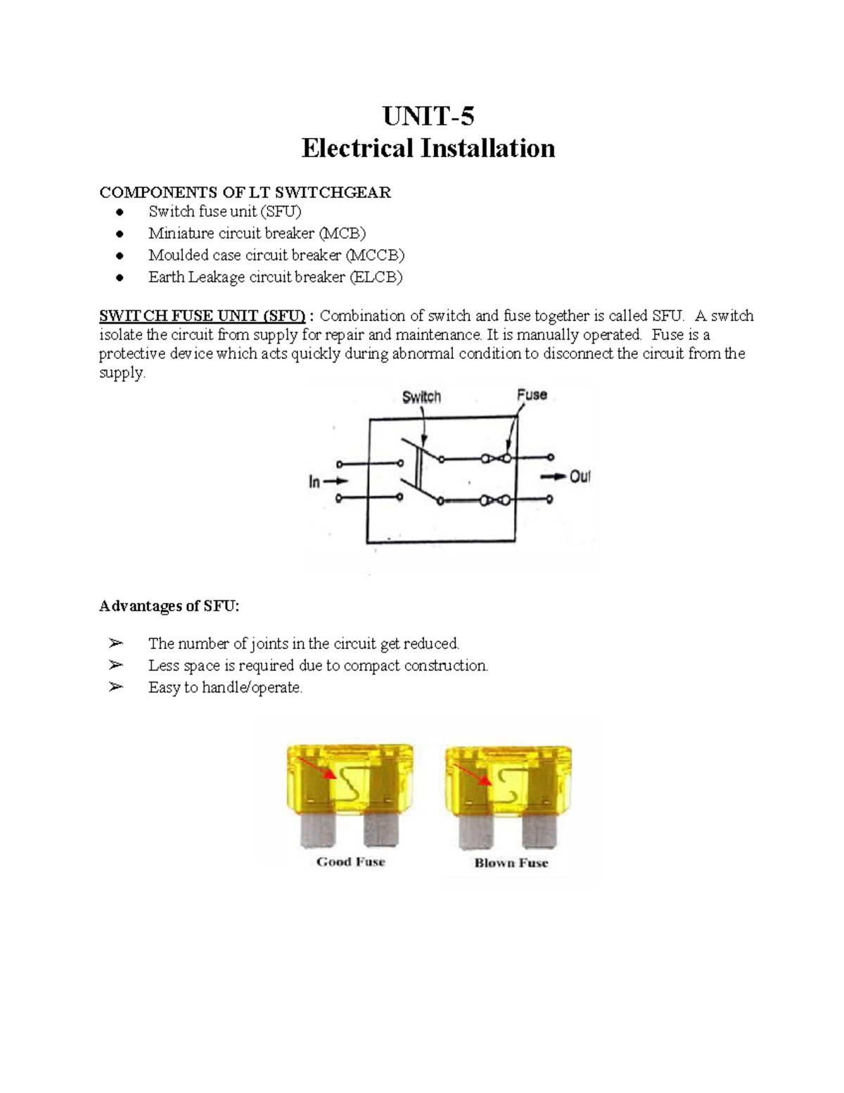 BEE Unit-5: Components and Types of LT Switchgear and Wiring - Studocu