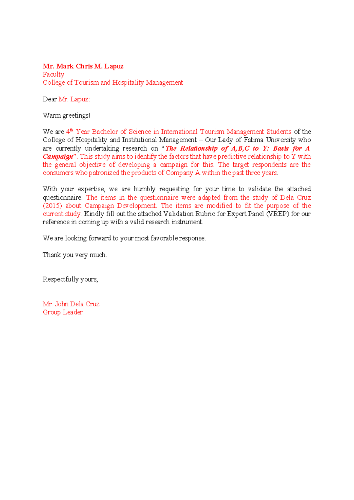 Validation Rubric for Expert Panel on Survey Questionnaire - ITM 4th ...