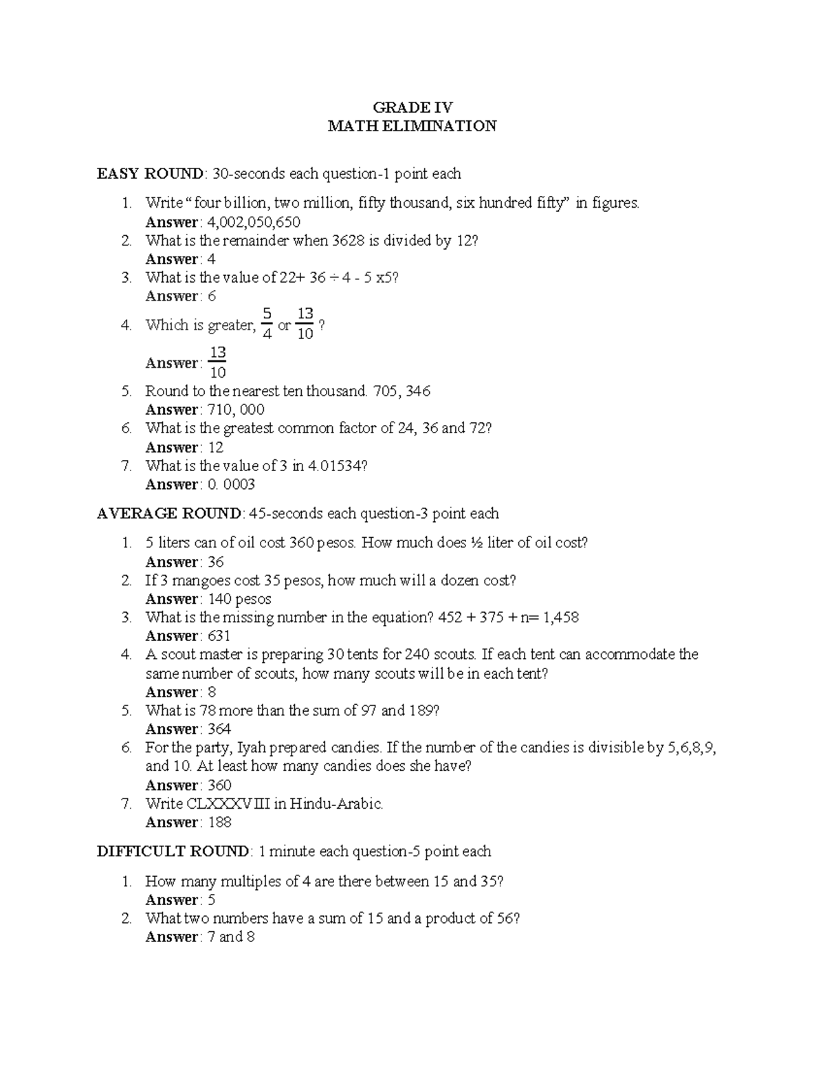 Grade IV Math Elimination Round: Questions & Answers - Studocu