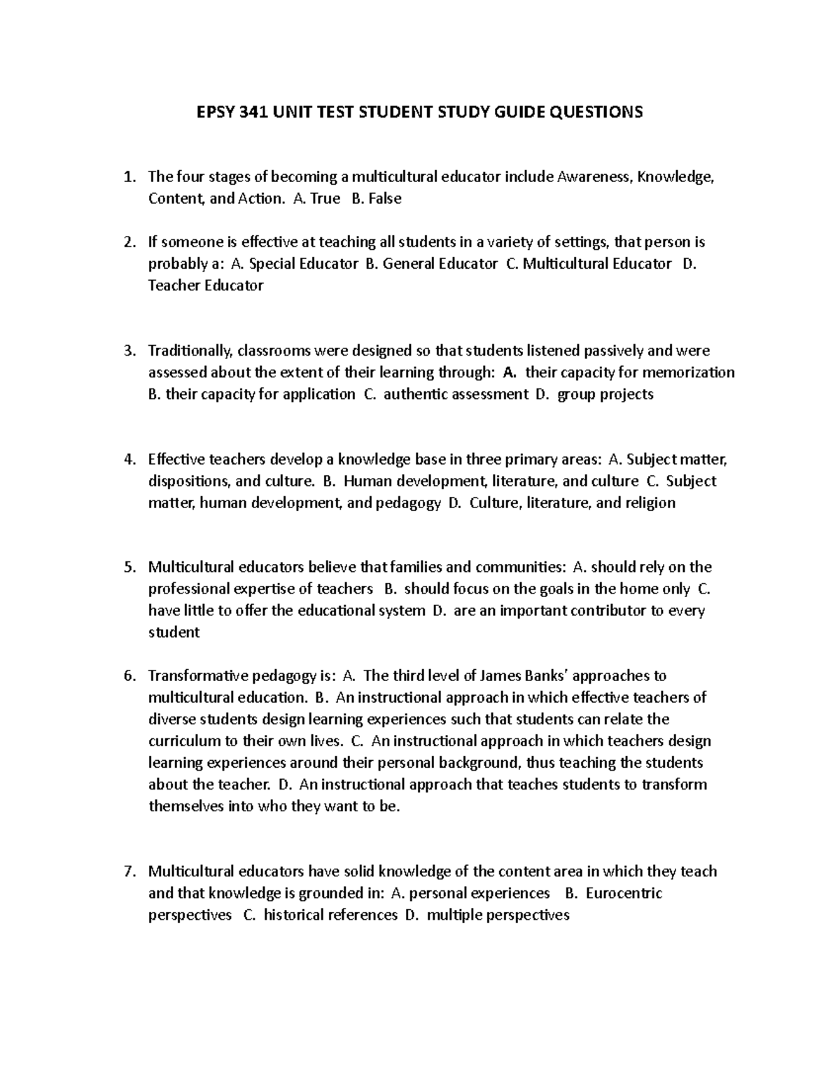 EPSY 341 Unit Test Study Guide: Key Questions for Examination Prep ...