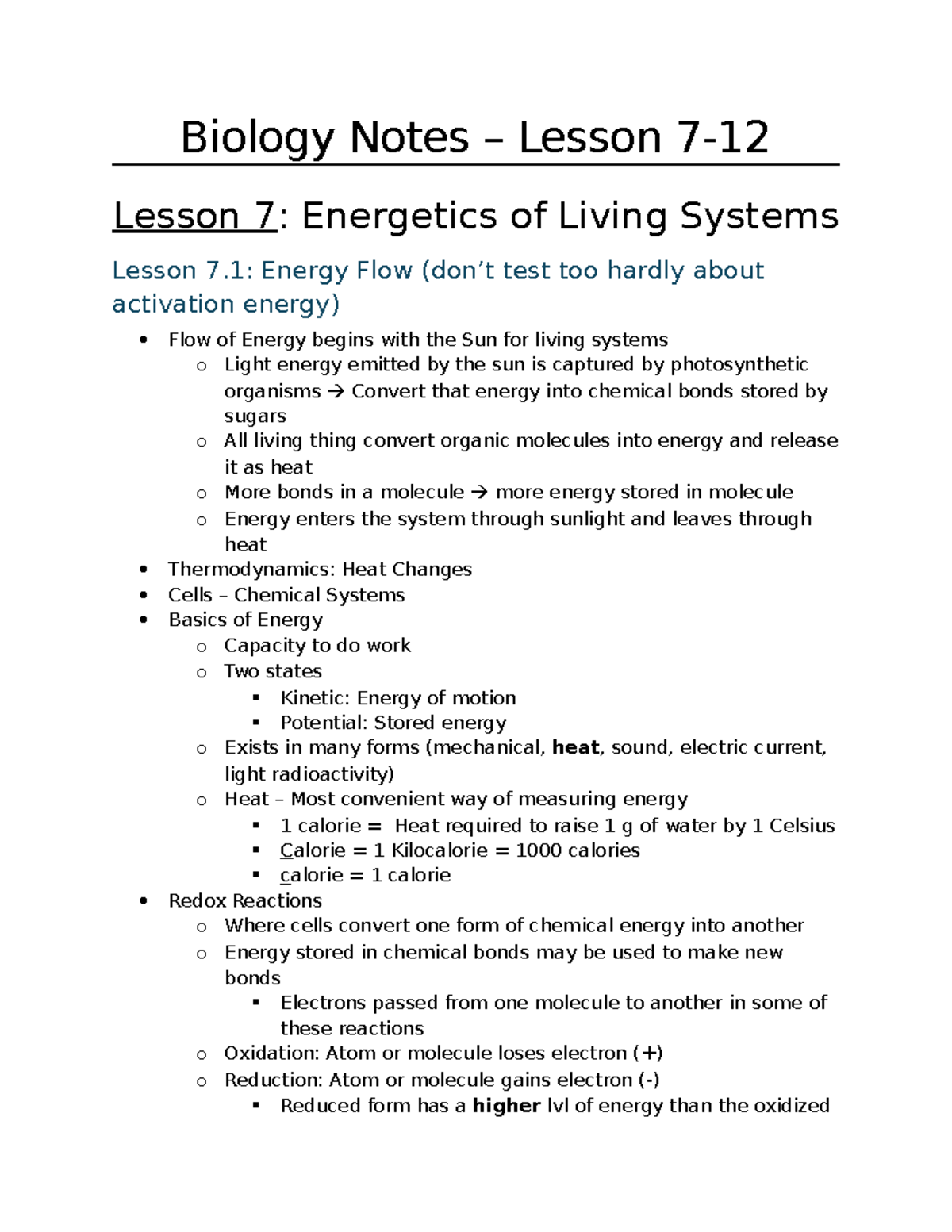 Biology Notes (BIO101) - Energy Cycling: Photosynthesis & Cellular ...