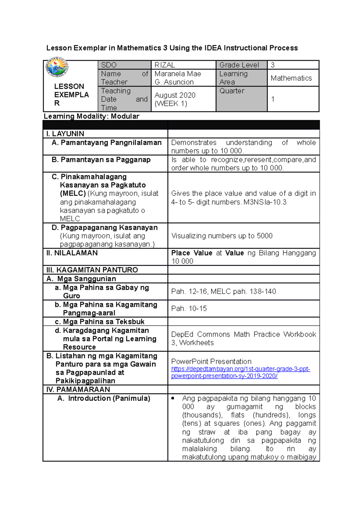 GR3QTR1MELC2 - Mathematics 3 Lesson Exemplar on Whole Numbers - Studocu