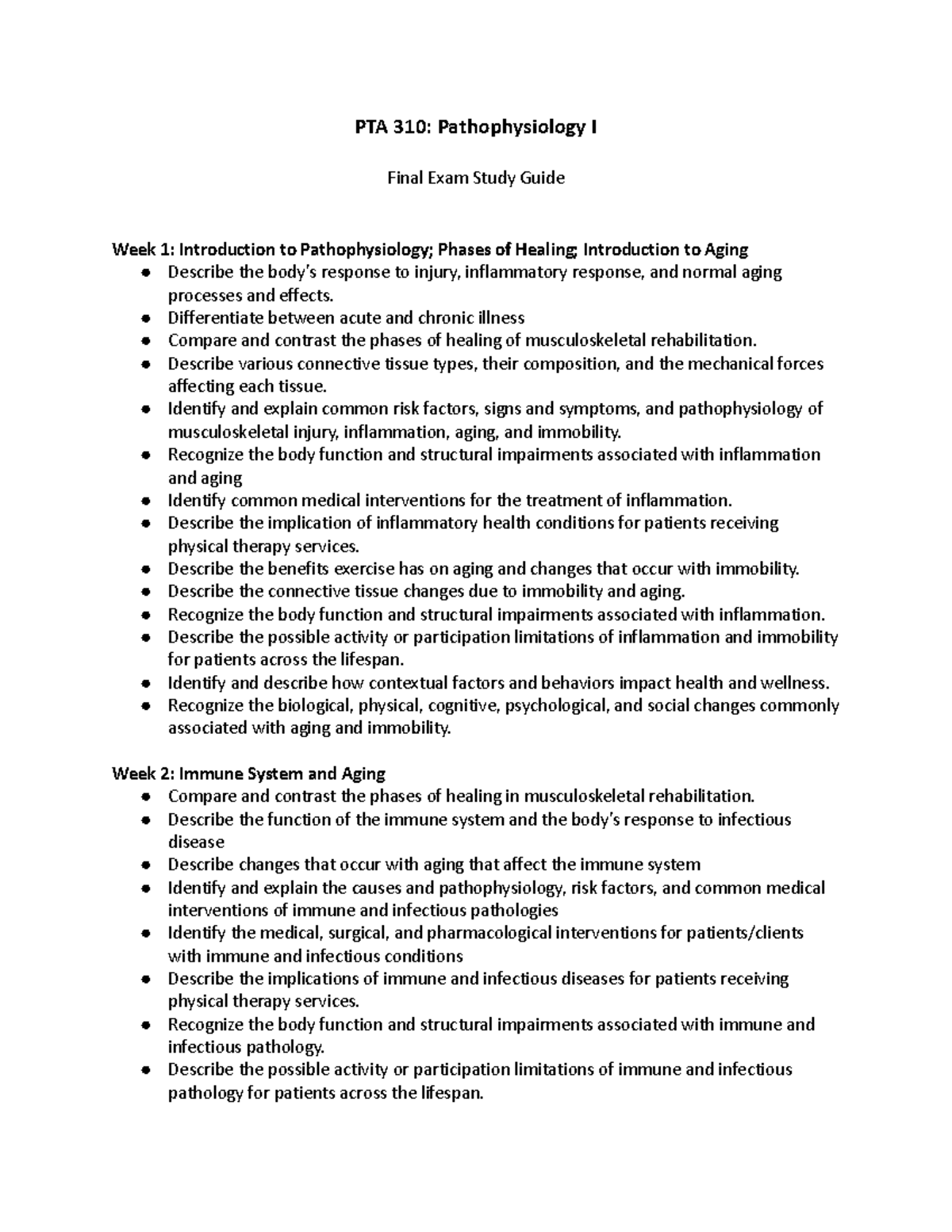 PTA 310: Pathophysiology I Final Exam Study Guide Overview and Key ...