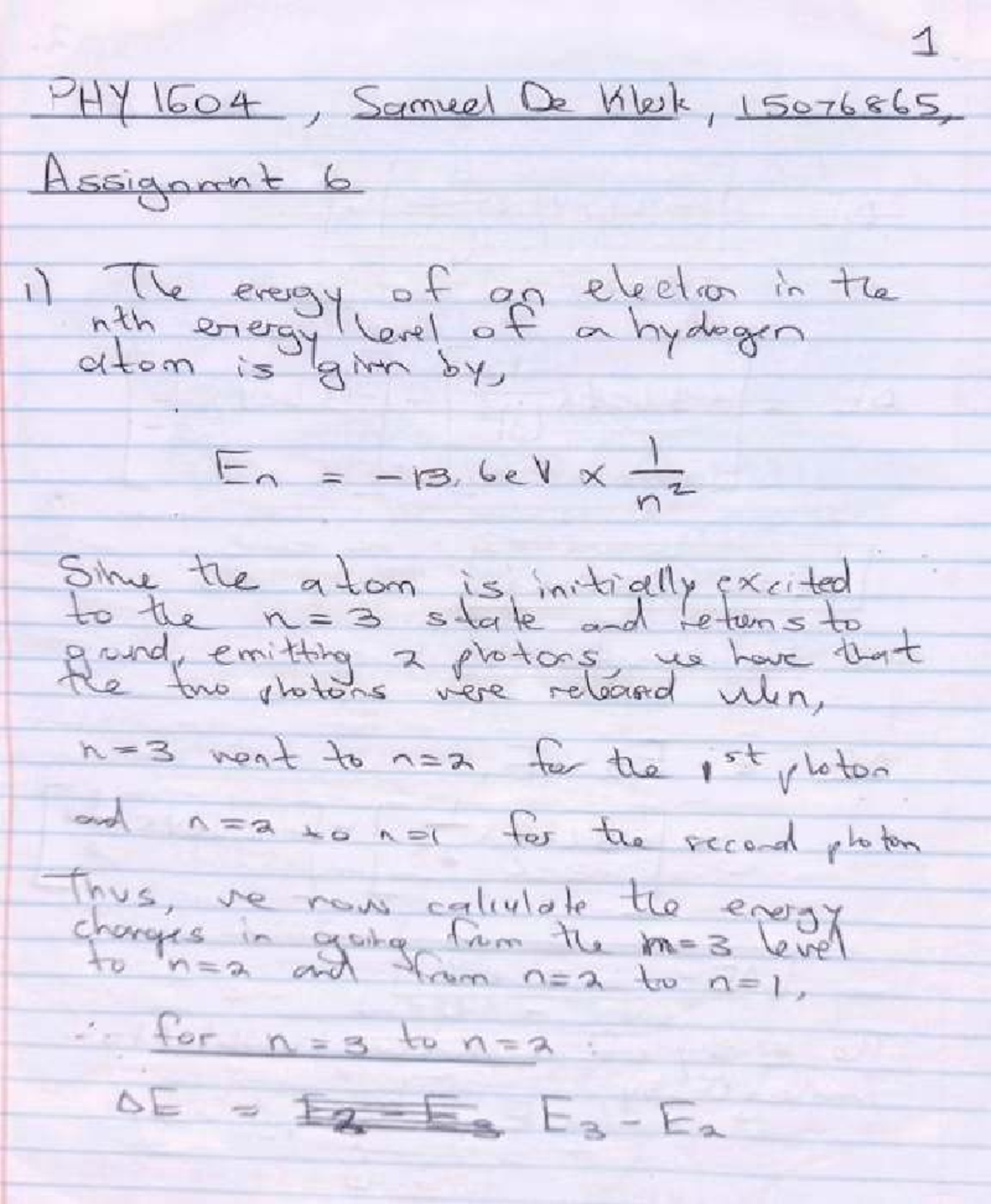PHY 1604 ASS6 - Energy Calculations in Atomic Transitions - Studocu