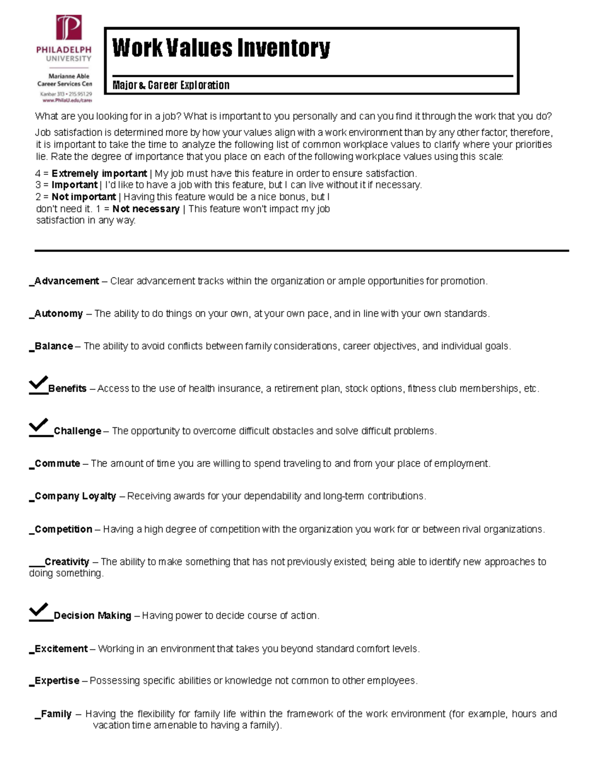 Self-Assessment: Work Values Inventory CAED 500 - Final Exam - Studocu