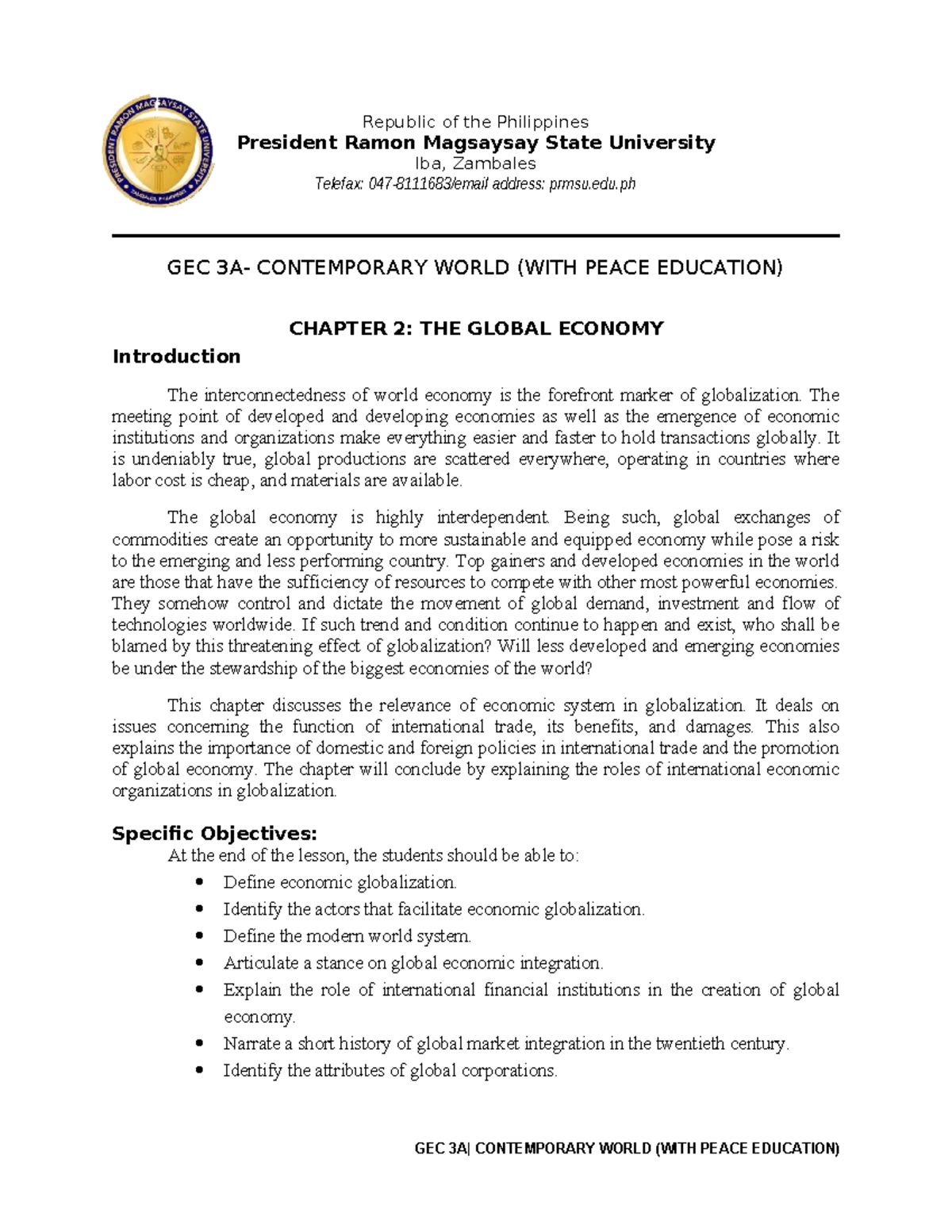 GEC 3A: Chapter 2 - The Global Economy and Economic Globalization - Studocu
