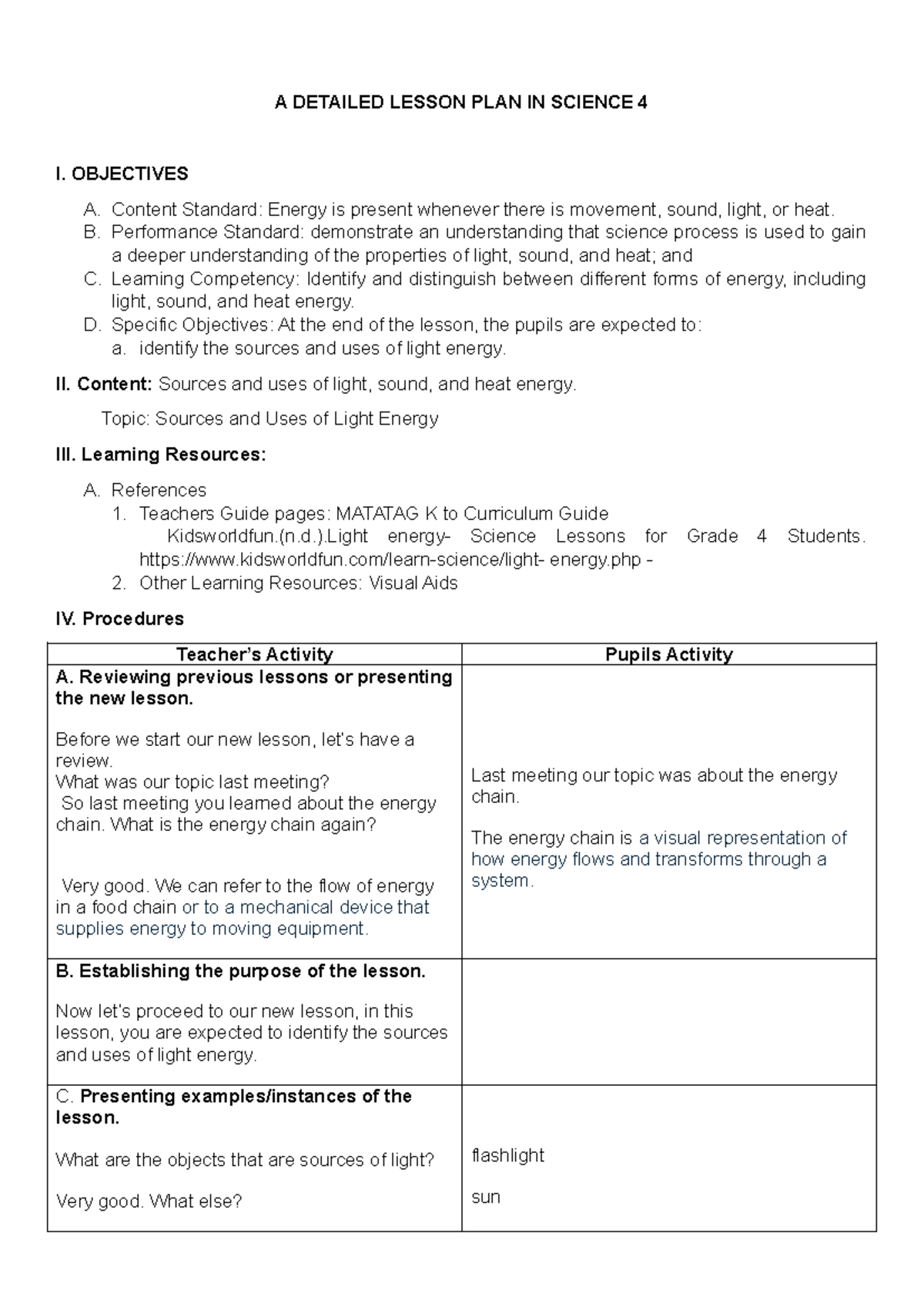 Science 4 Final Lesson Plan: Understanding Light Energy for 2025 - Studocu