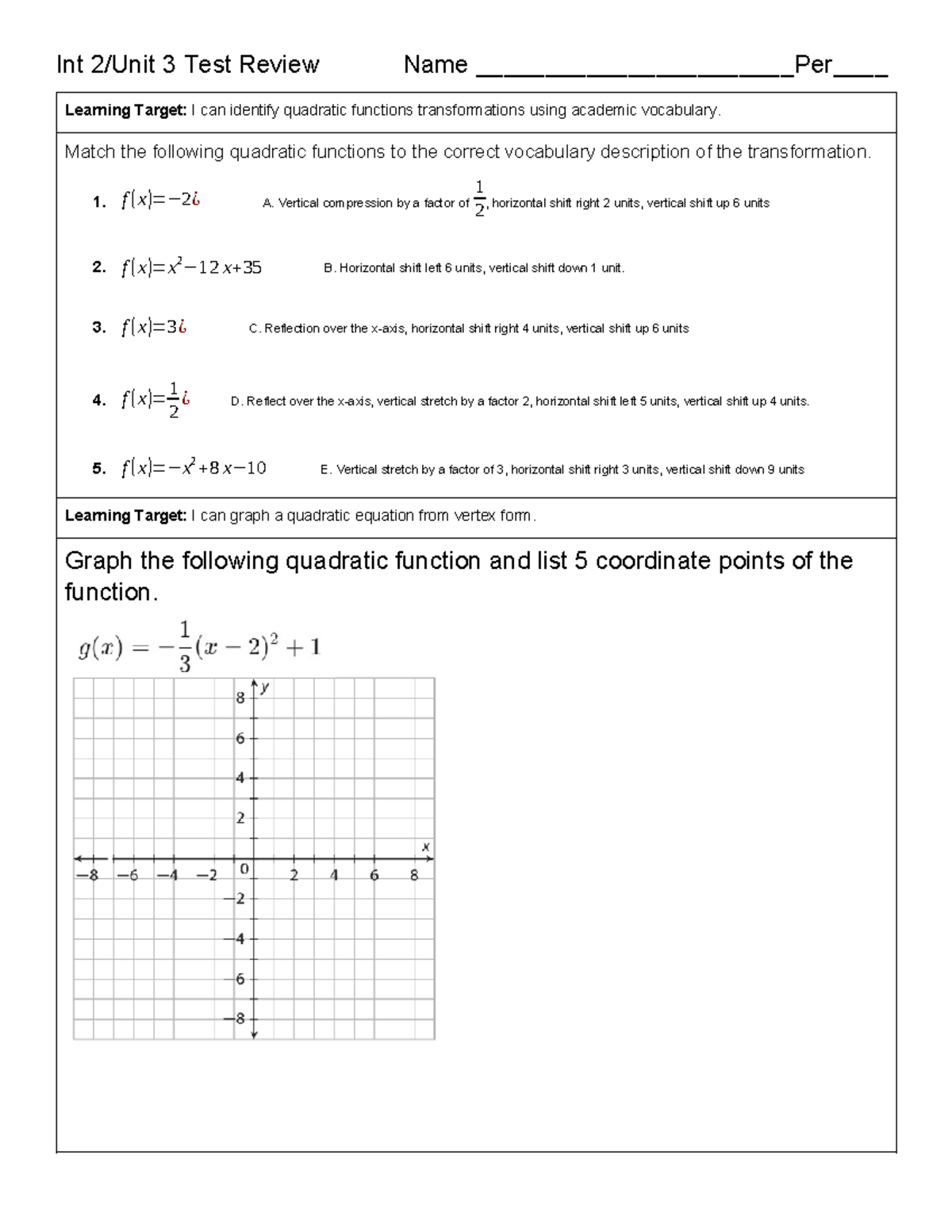 Int 2 Unit 3 Quadratic Functions Test Review & Practice - Studocu