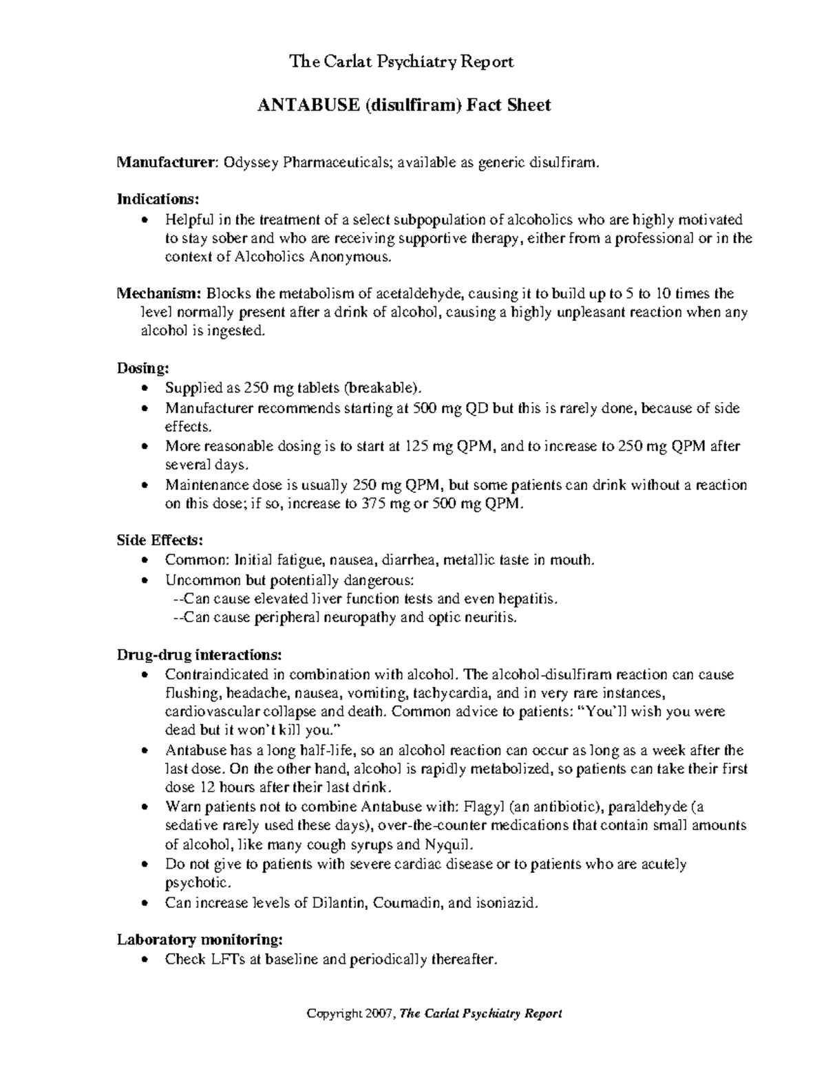 Antabuse Fact Sheet - Aversion therapy - The Carlat Psychiatry Report ...