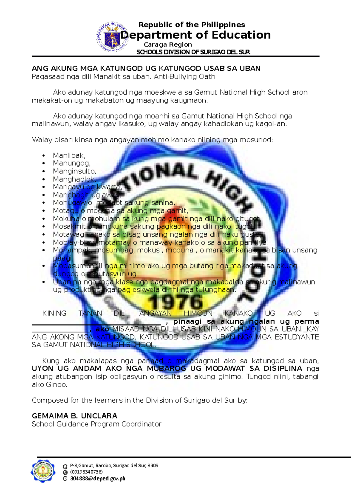 Anti-Bullying Oath - Gamut National High School - Informative Document - Studocu