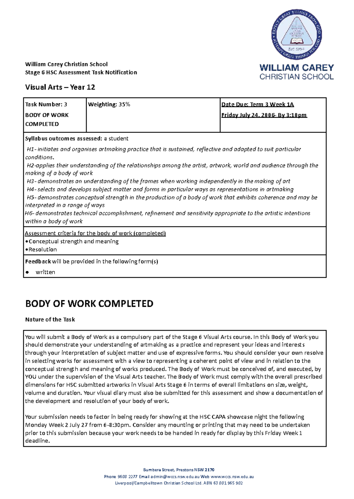 2026 Stage 6 HSC Visual Arts Assessment Task 3: Body of Work - Studocu