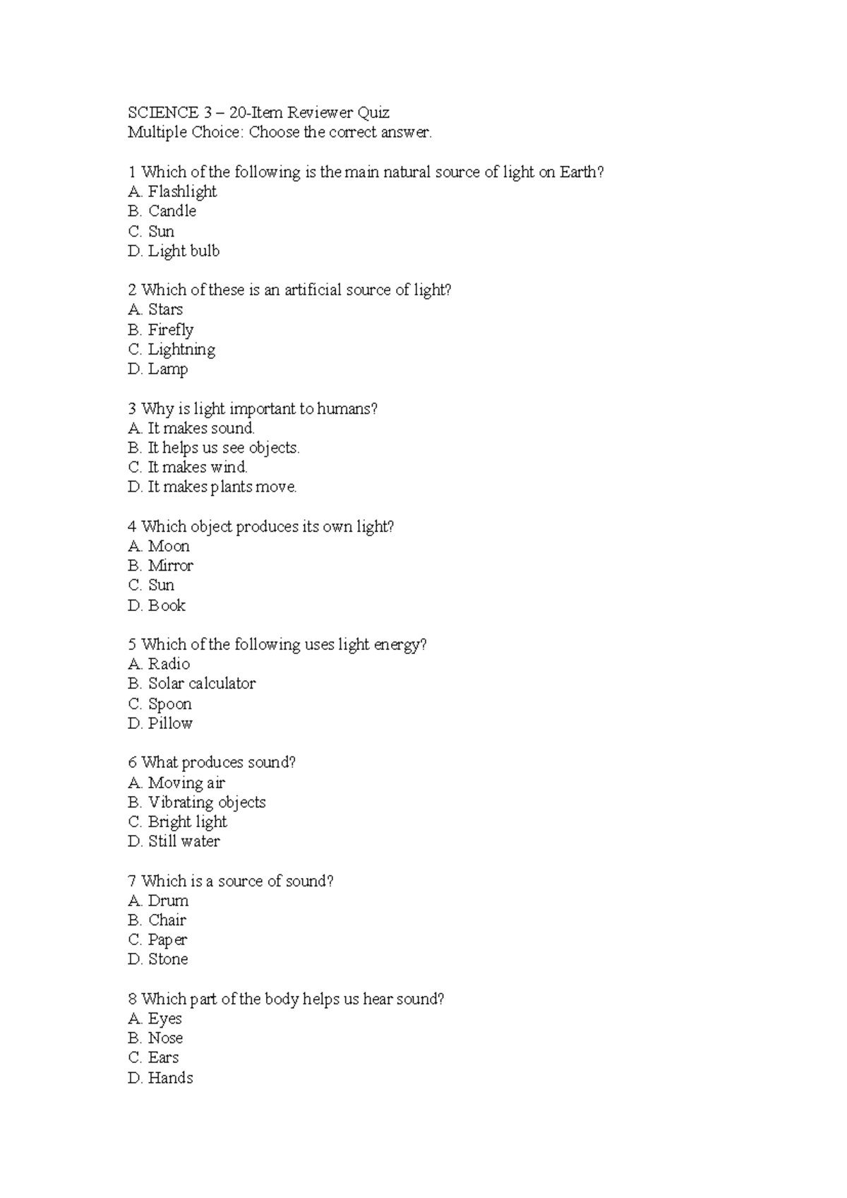 SCIENCE 3 - Quiz Reviewer: Light, Sound, and Energy Concepts - Studocu