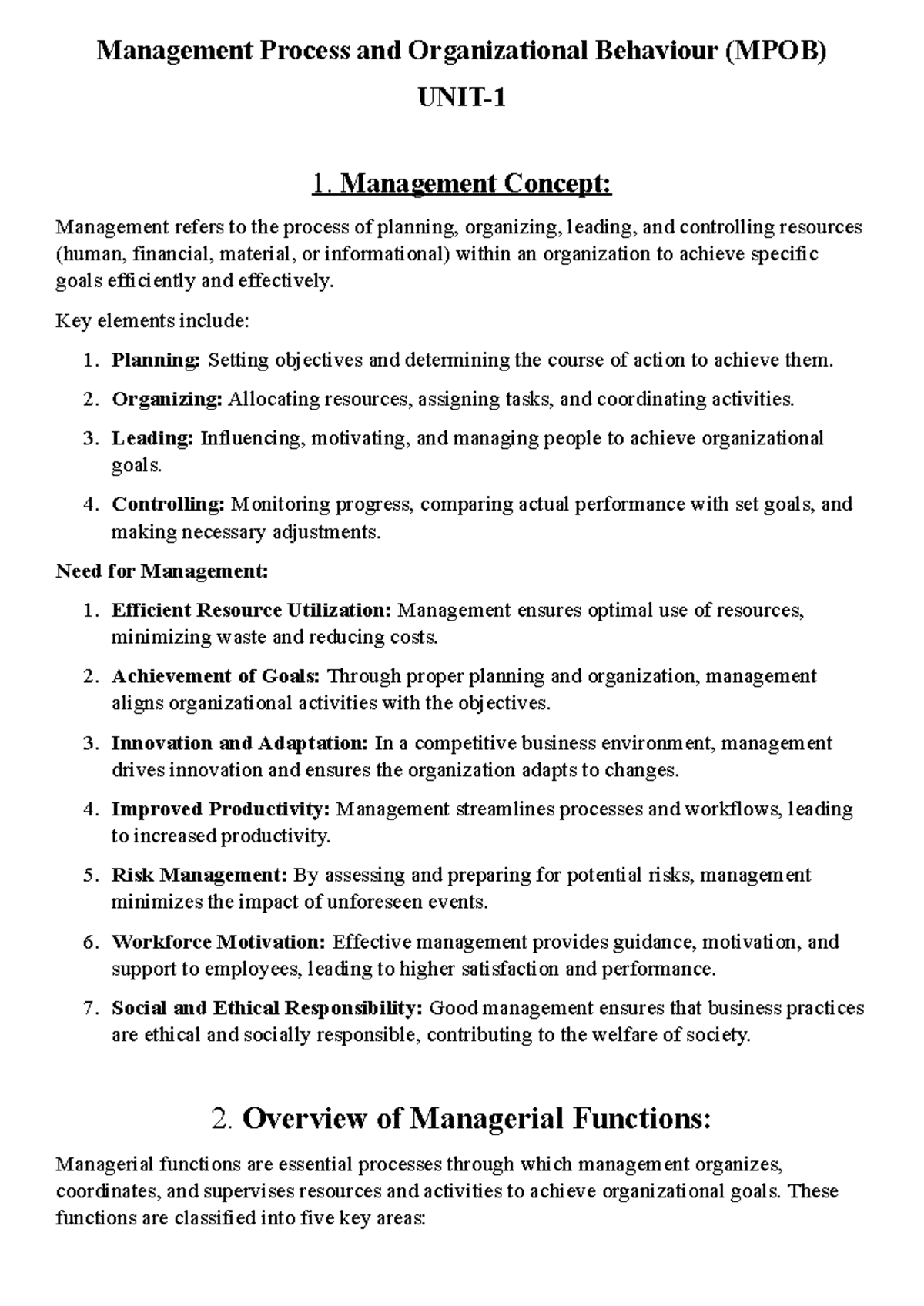 MPOB UNIT-1: Management Concepts & Functions Overview - Studocu