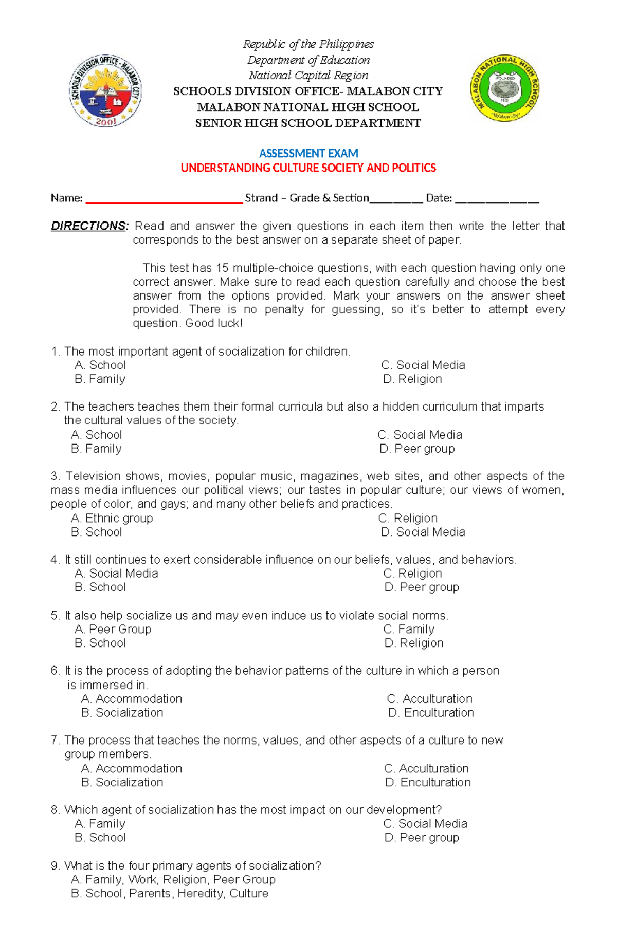 Quiz on Socialization: Understanding Culture, Society & Politics (SHS ...