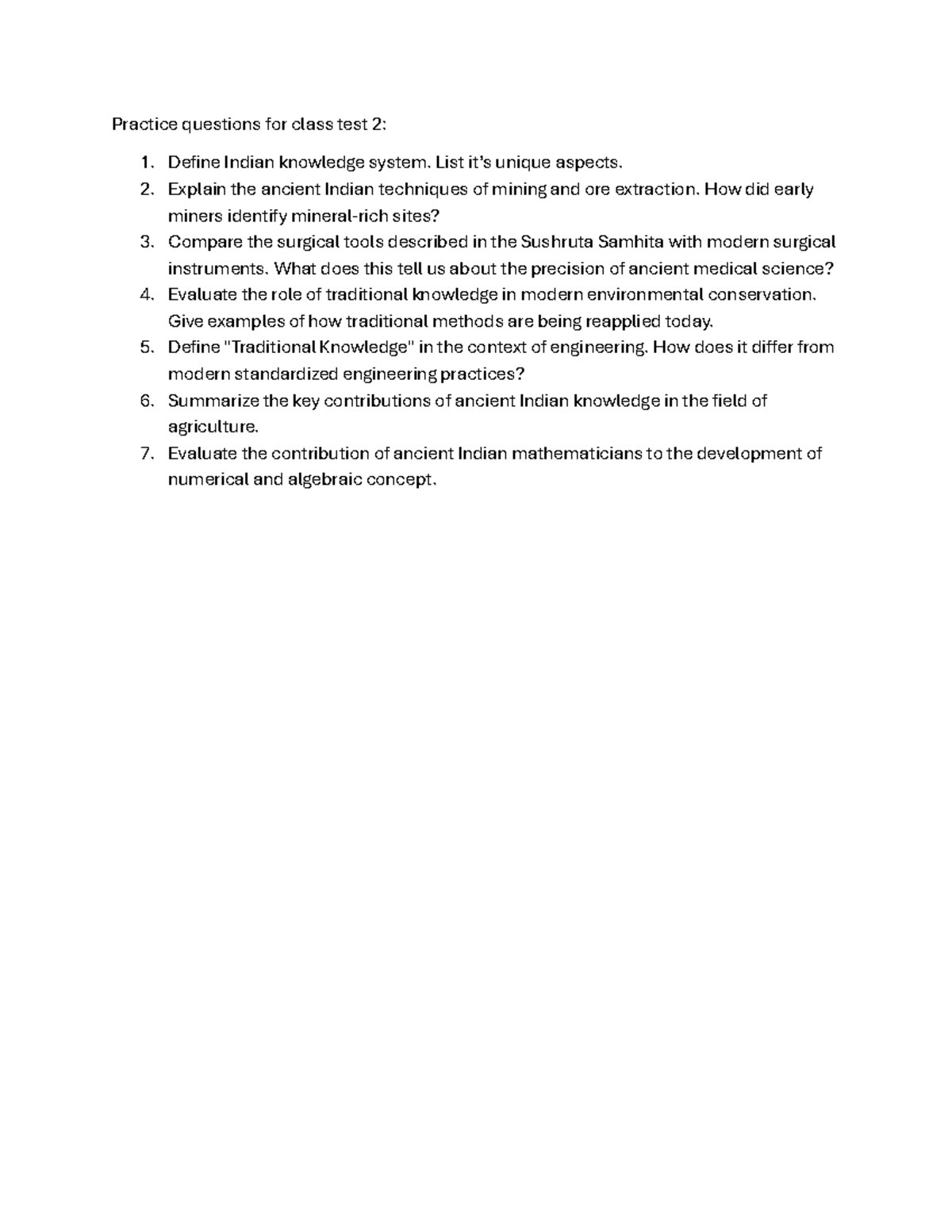 Class Test 2: Key Questions on Indian Knowledge Systems and ...