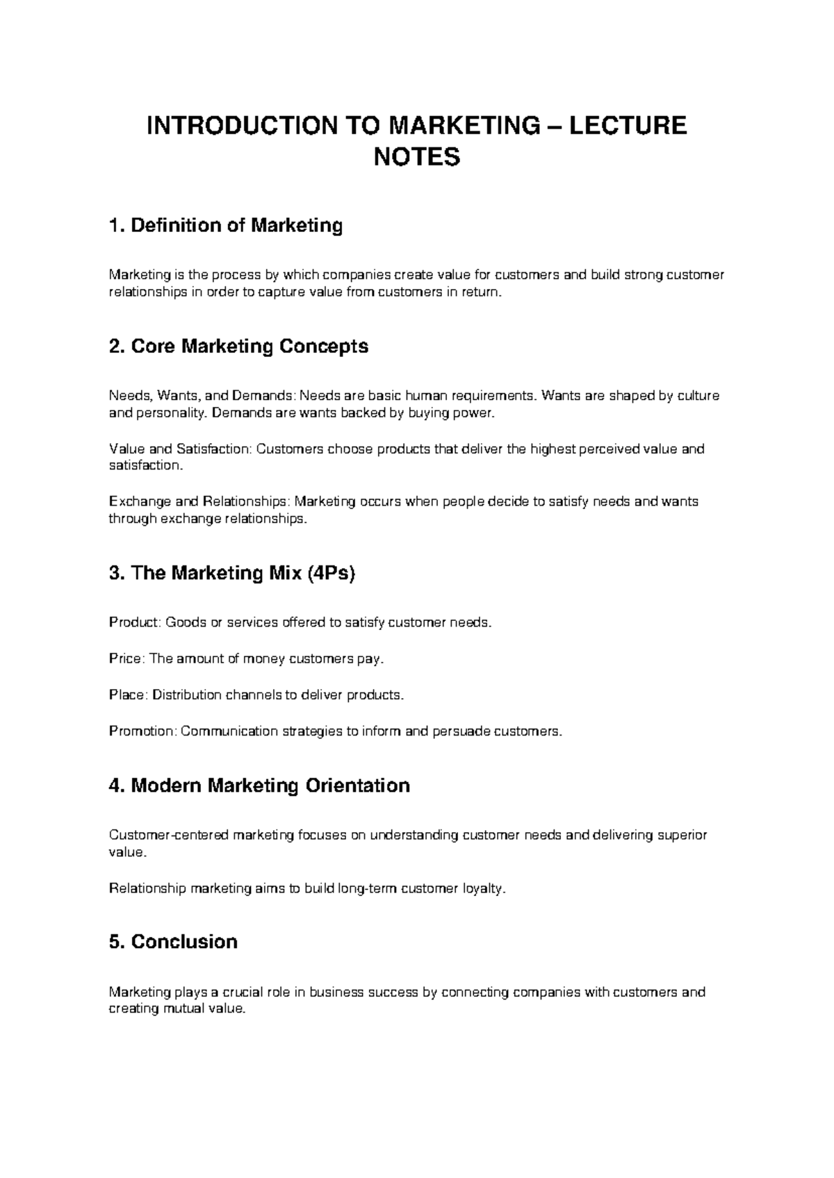 INTRODUCTION TO MARKETING LECTURE NOTES - KEY CONCEPTS & 4Ps - Studocu