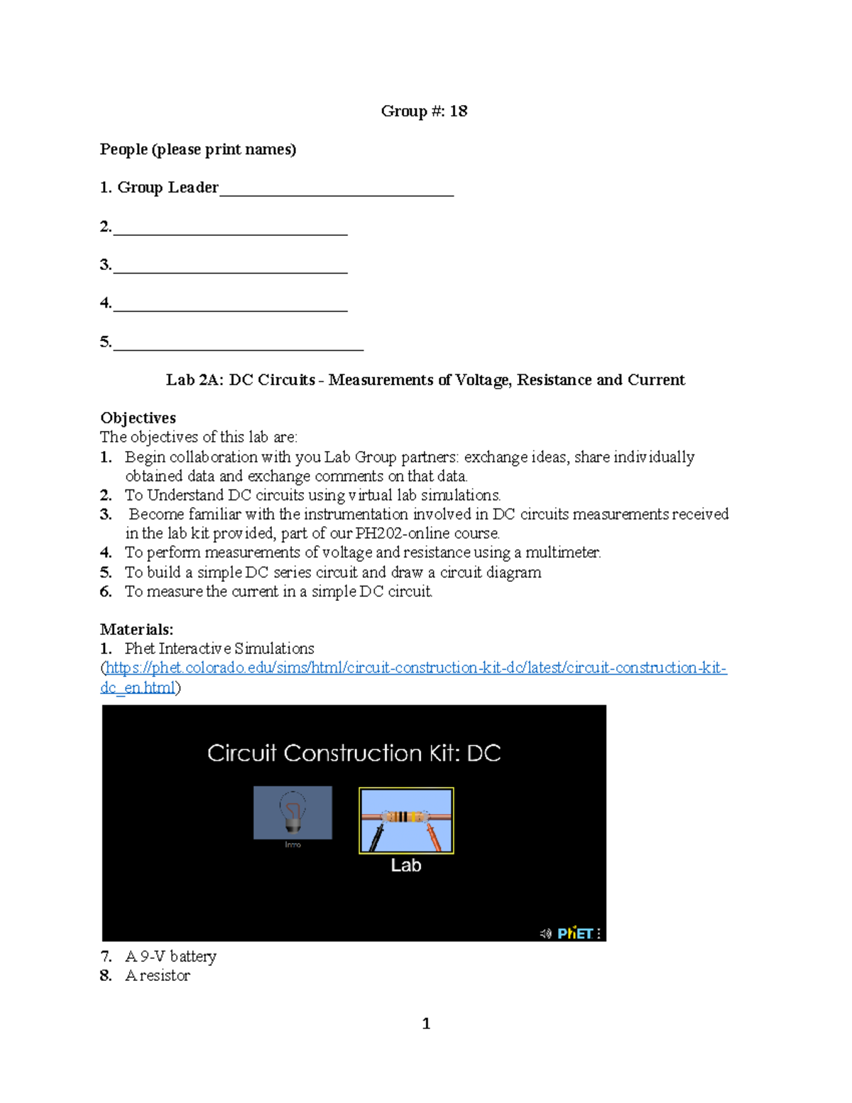 Lab 2A Worksheet-1 - Lab 2 - Group #: 18 People (please print names) 1 ...