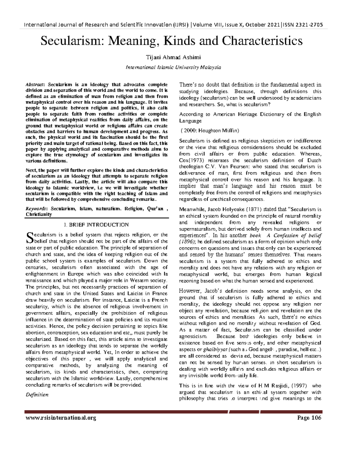 Secularism: Definitions, Types, and Its Islamic Perspective (IJRSI ...