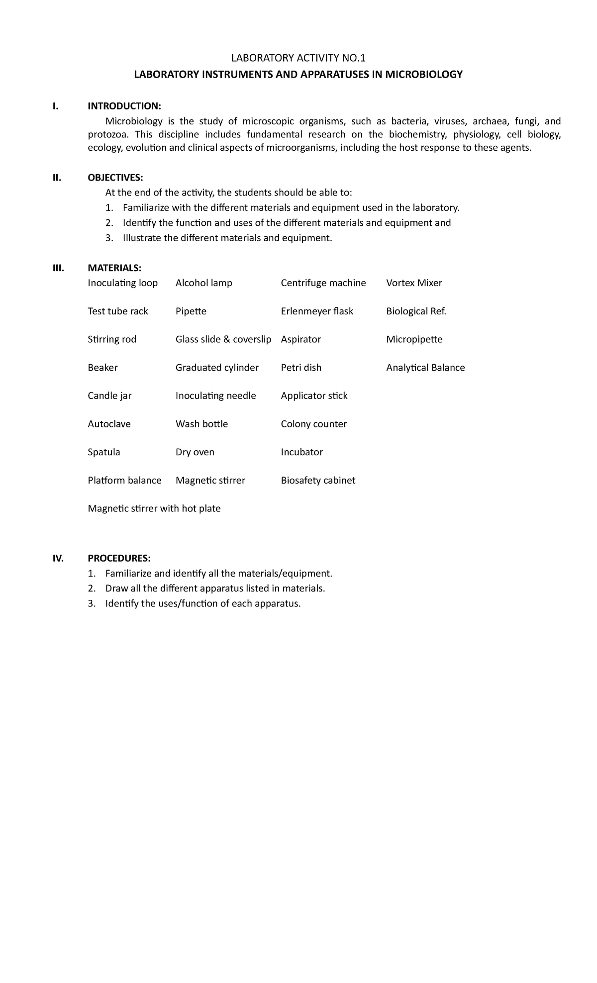 Microbiology & Parasitology Lab Activity 1: Instruments & Apparatuses ...