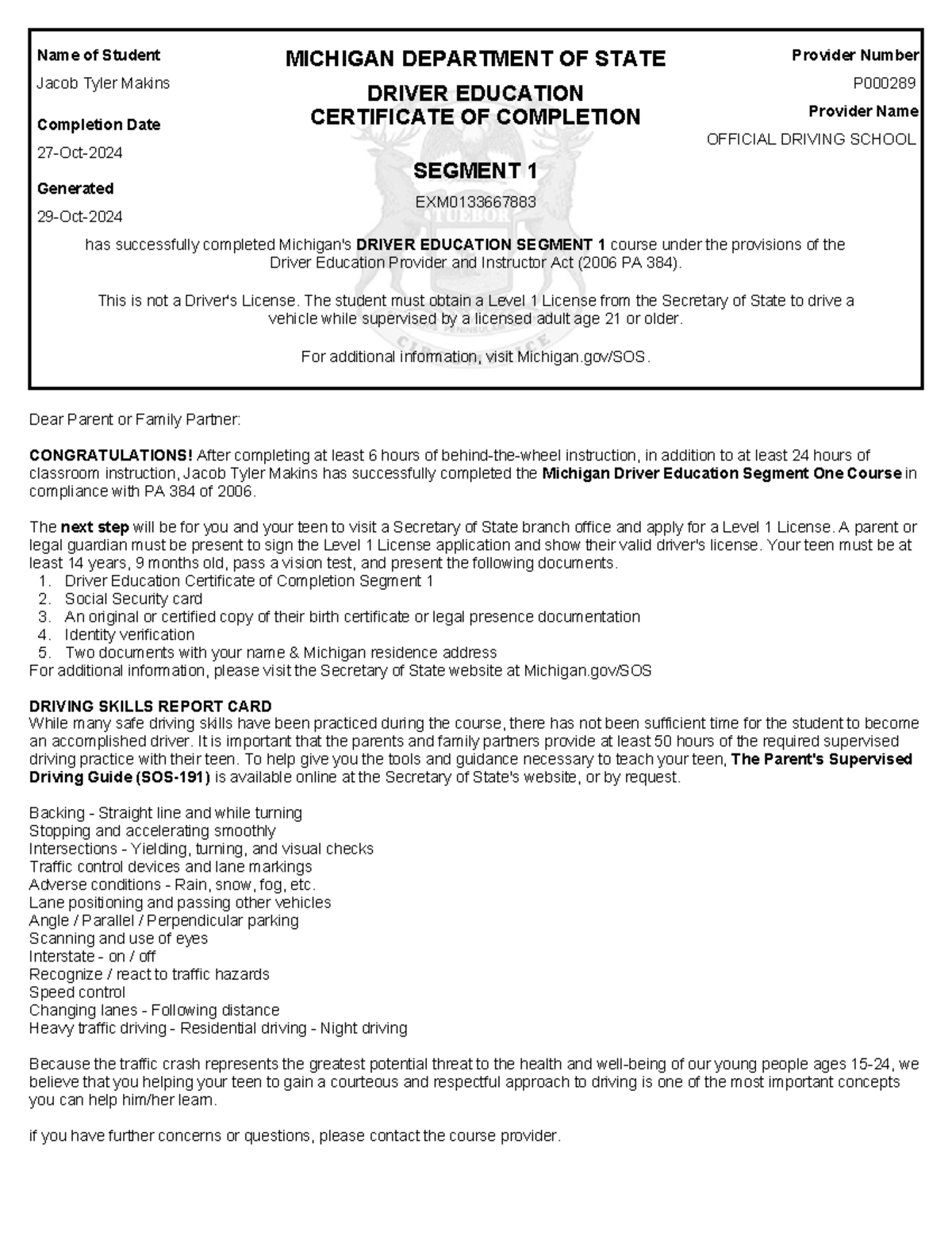 Michigan Driver Education Segment 1 Completion Certificate for Jacob ...