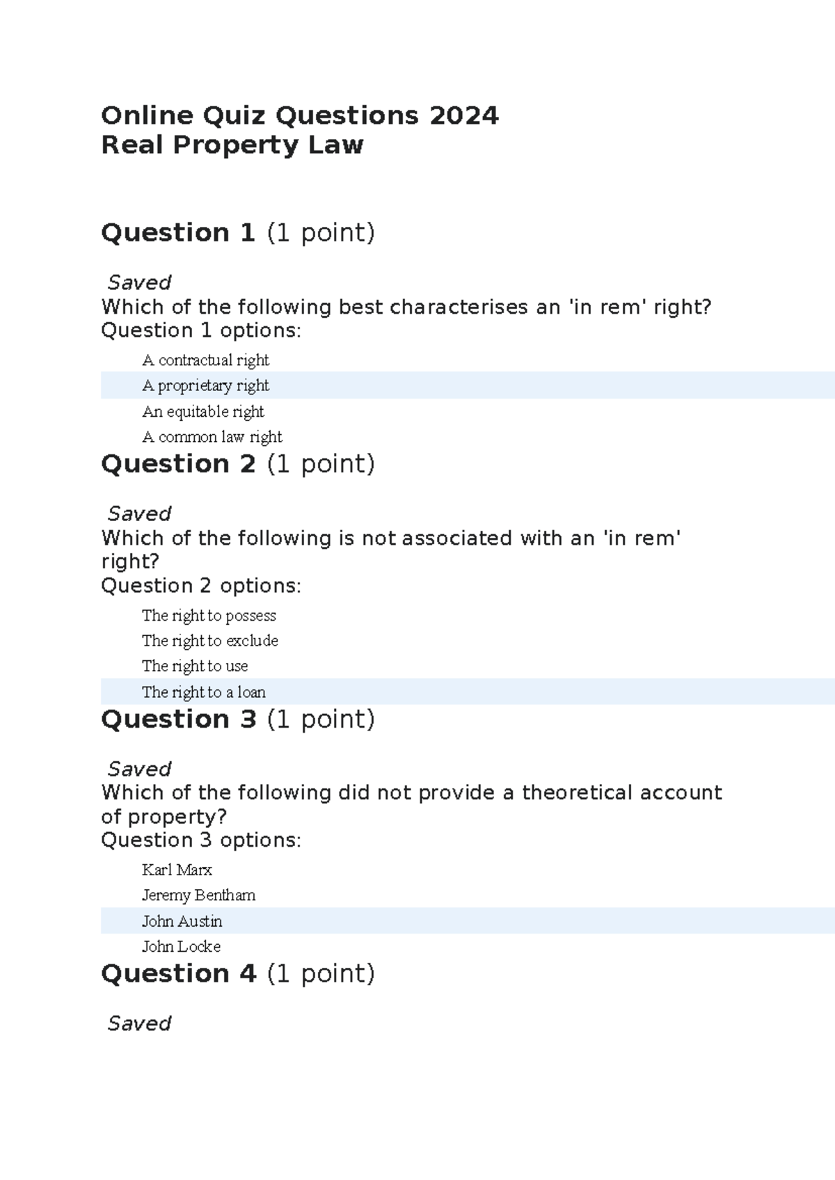 Real Property Law Quiz Questions (RPL 2024) - Studocu