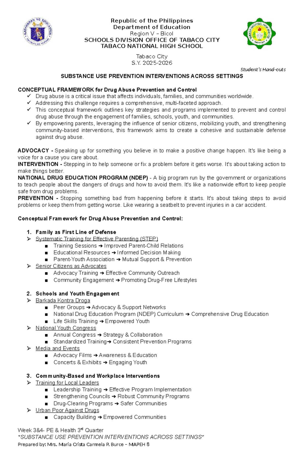 Conceptual Framework for Drug Abuse Prevention: PE & Health 3rd Q - Studocu