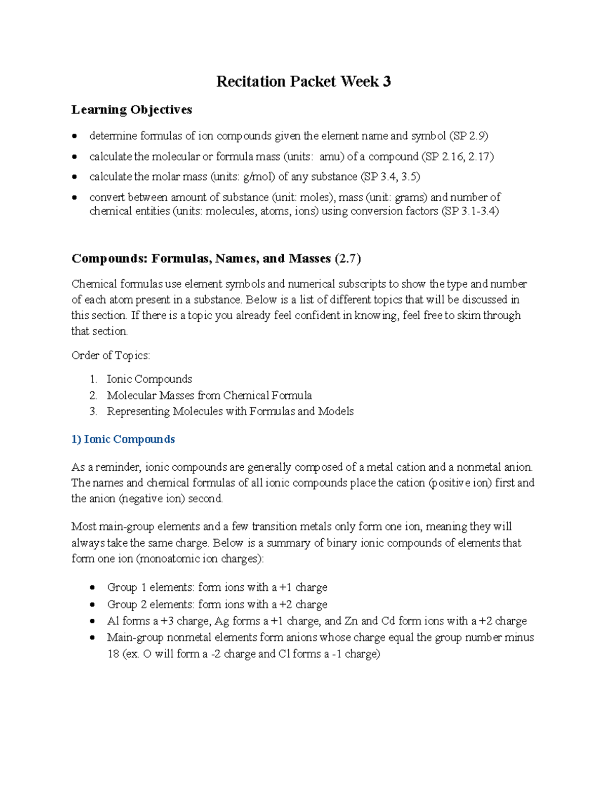 Recitation Packet: Mole Unit & Mass Calculations (CP 3.1) - Studocu