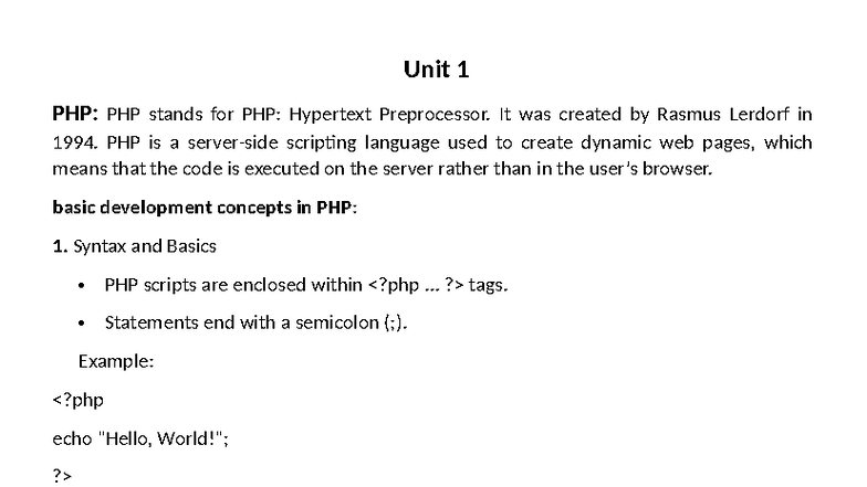 Web Tech U1: Intro to PHP Basics and Development Concepts - Studocu