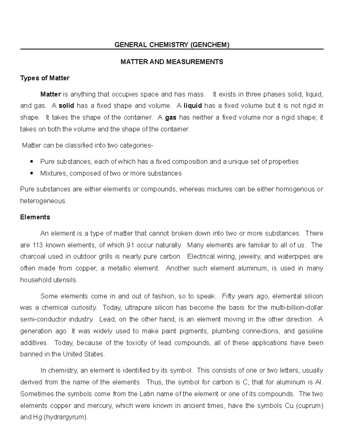 Prelims - General Chemistry (GENCHEM): Matter, Elements, and Mixtures ...