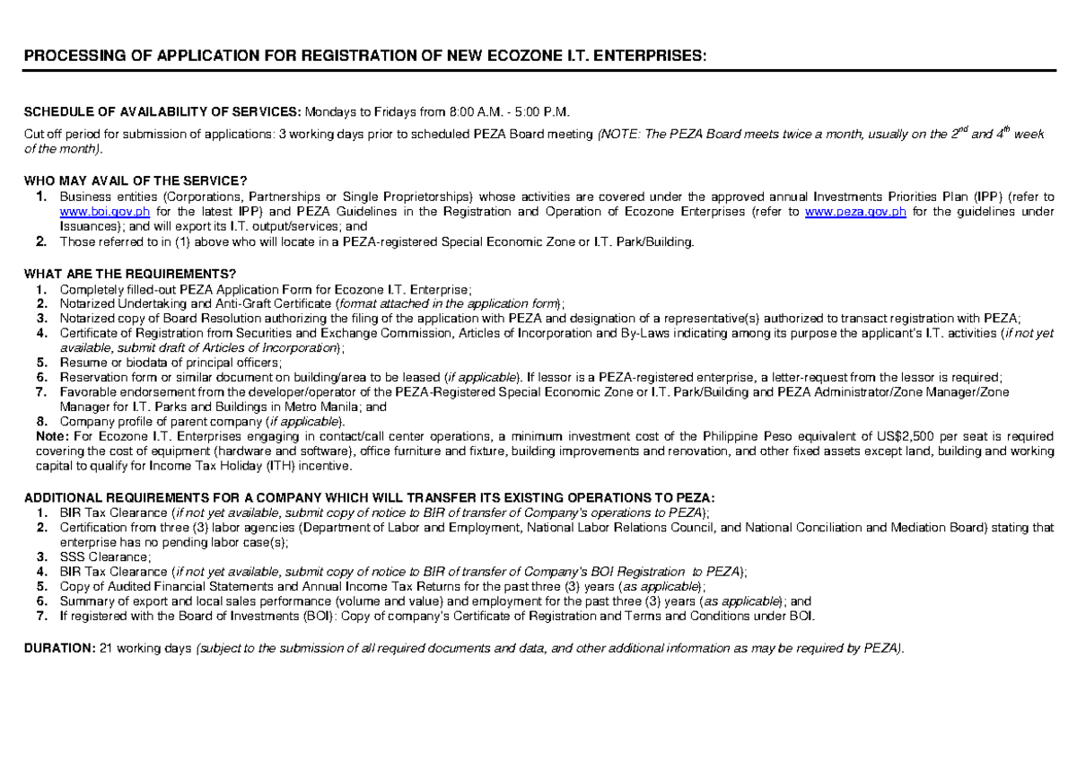 PEZA Registration Process for New Ecozone I.T. Enterprises - Studocu