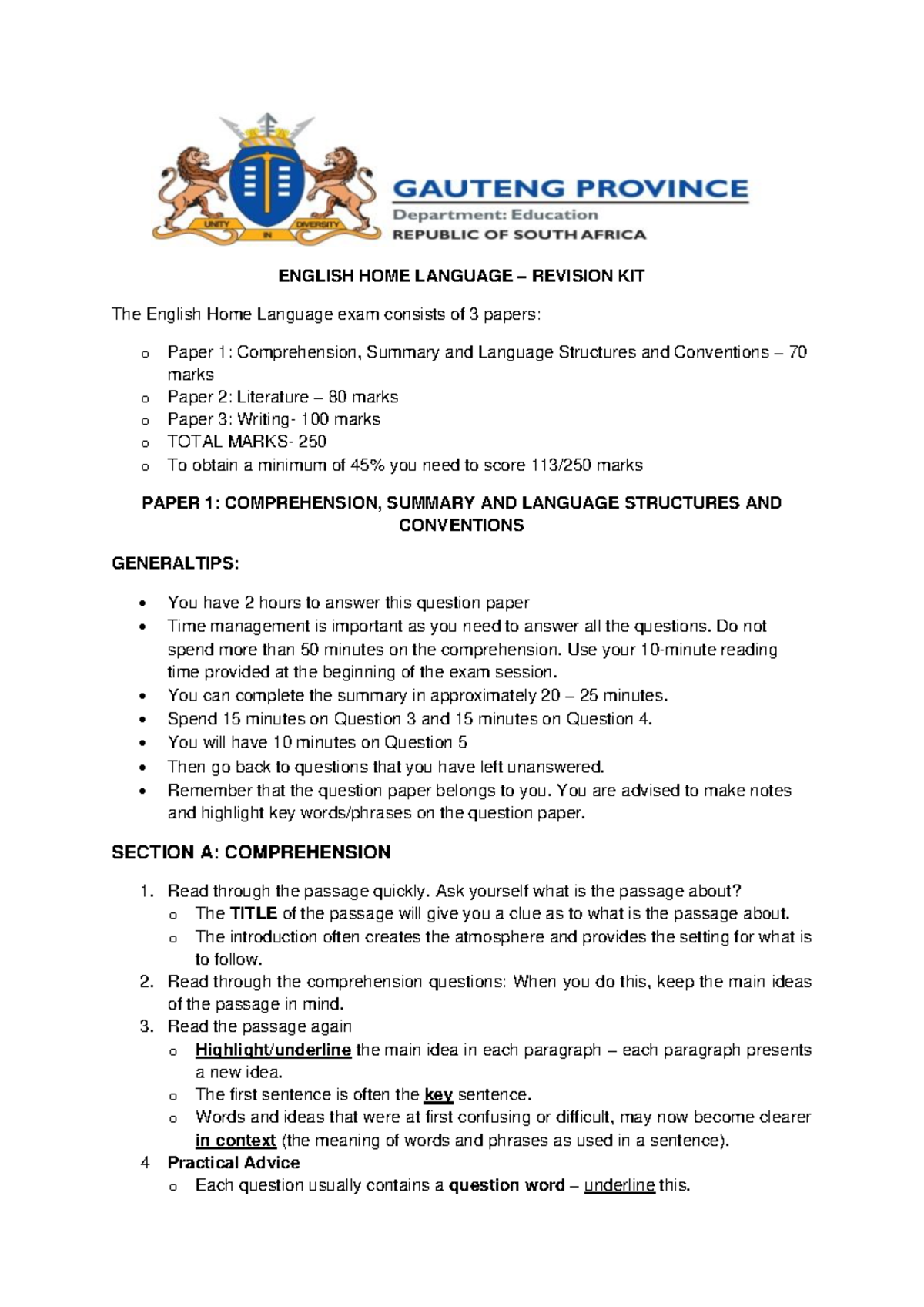 Grade 12 English HL Exam Revision Kit: Comprehensive Guide to Papers ...