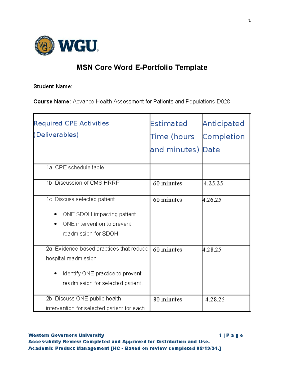 D028 Advanced Health Assessment ePortfolio: CPE Activities & Patient ...
