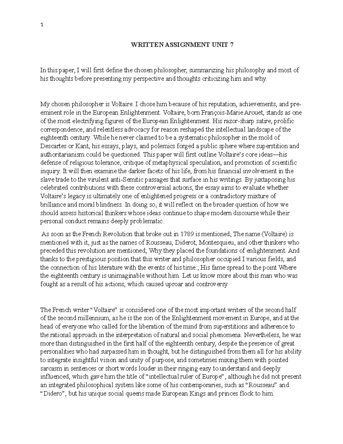 PHIL1402-01 Essay: Evaluating Voltaire's Legacy and Controversies - Studocu