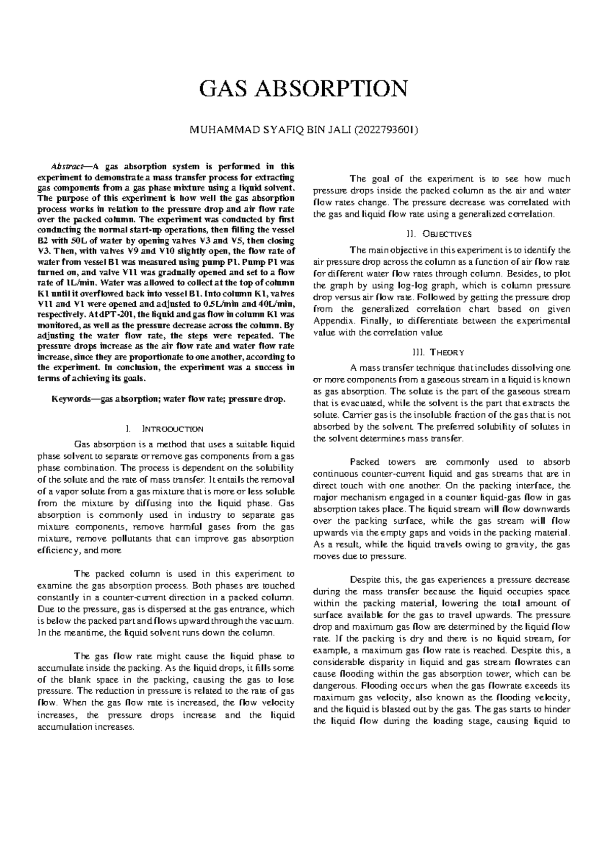 Gas absorption - lab report - GAS ABSORPTION MUHAMMAD SYAFIQ BIN JALI ...