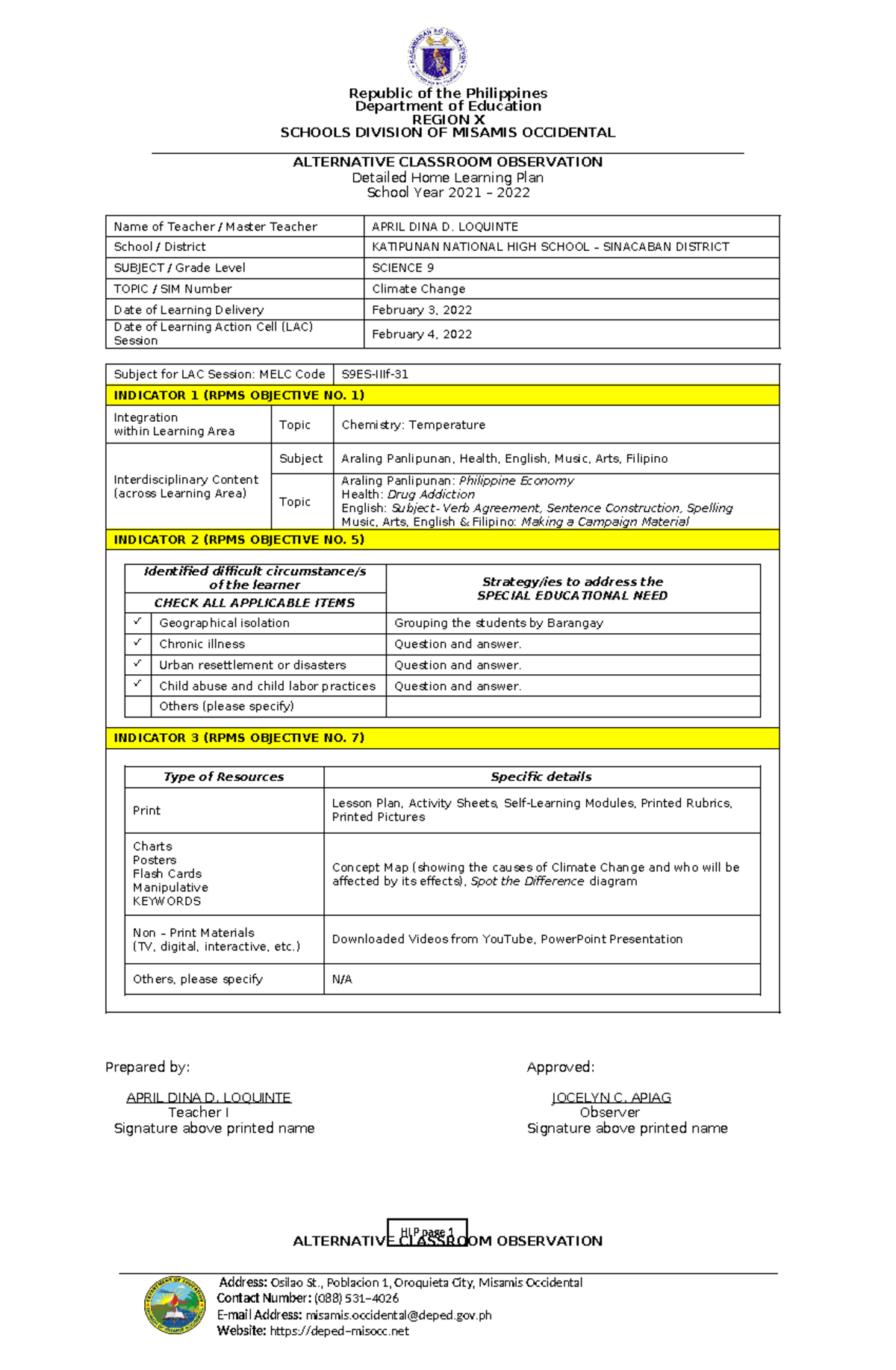 Alternative- Classroom- Observation-Home-Learning-Plan-Template-1 - HLP ...