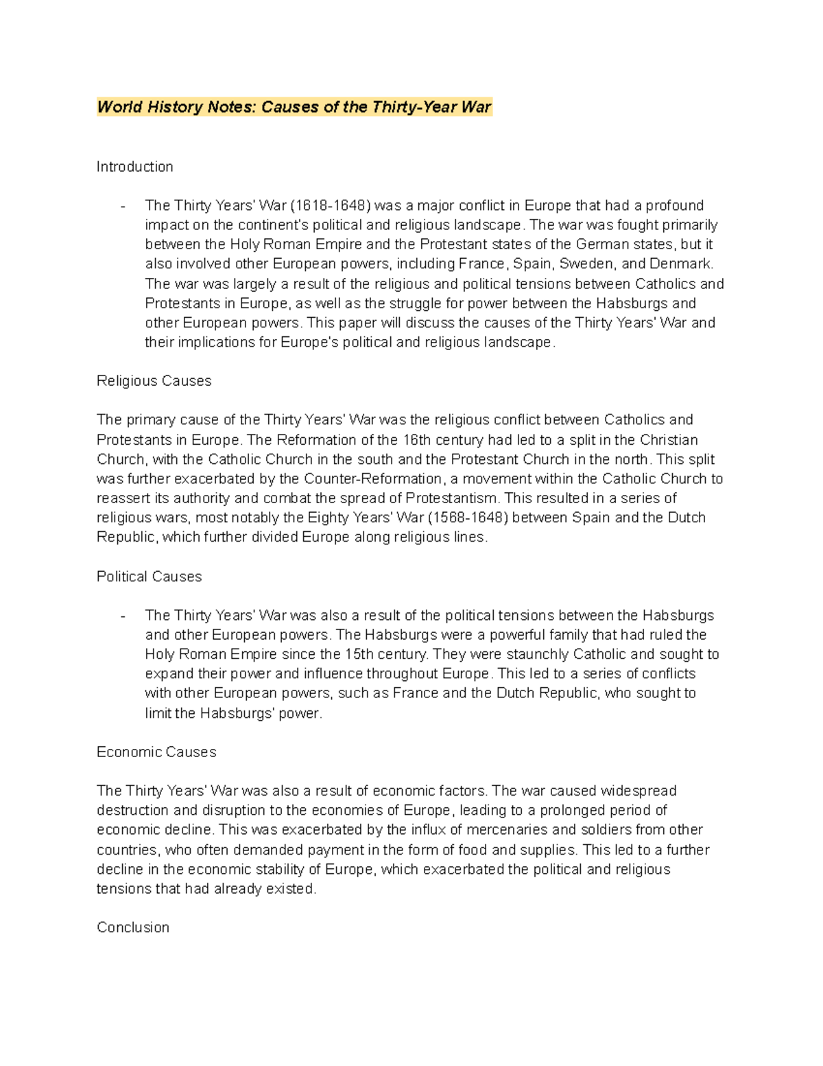 History Notes (24) - World History Notes: Causes of the Thirty-Year War ...
