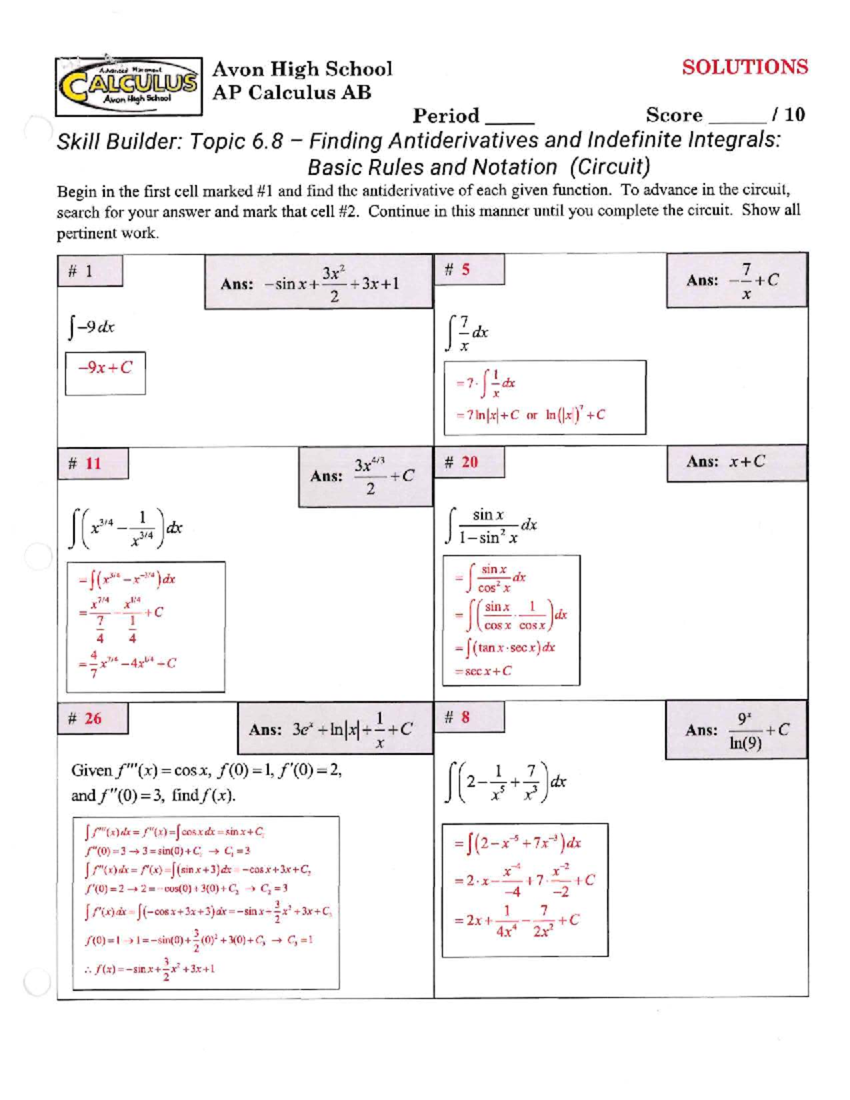 AP Calculus AB (Period) Skill Builder Lesson 6: Antiderivatives ...