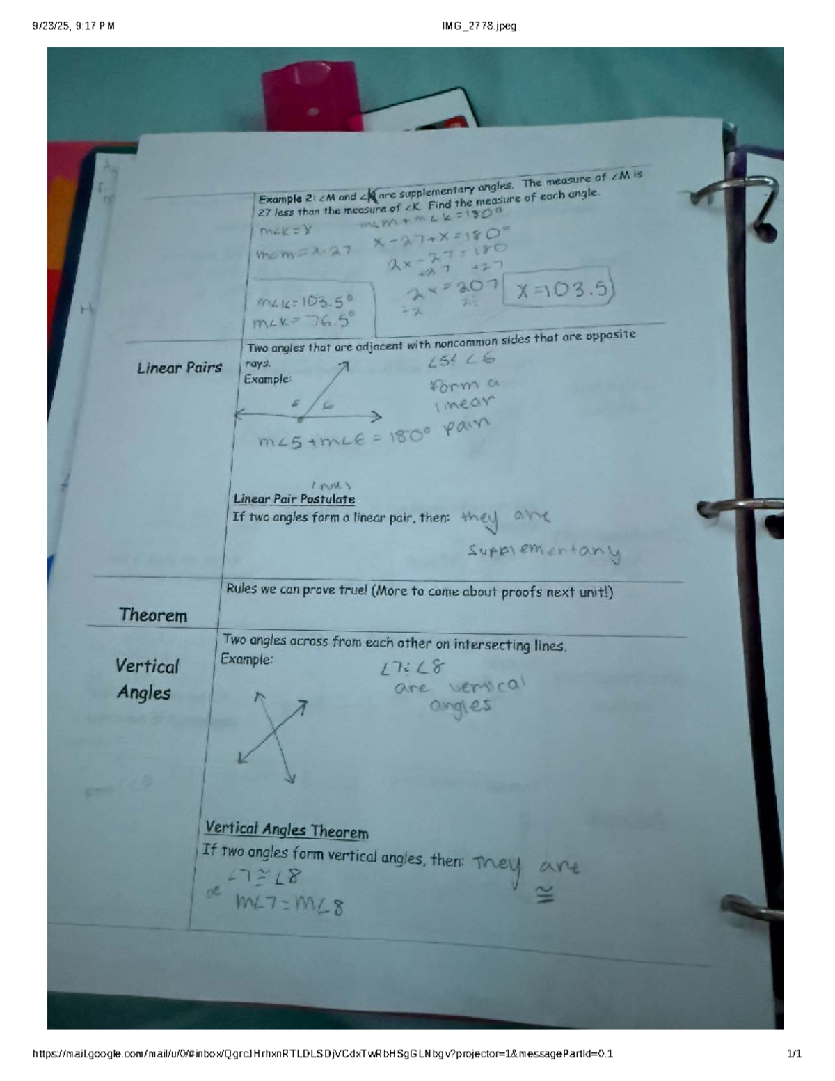Supplementary Angles and Linear Pairs: Example 2 Analysis - Studocu