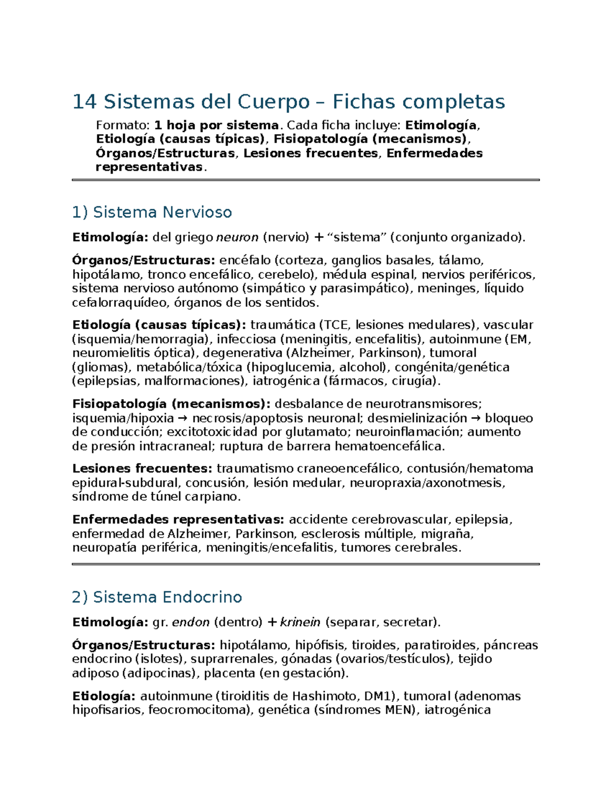 14 Sistemas del Cuerpo: Fichas Completas con Detalles Clínicos - Studocu